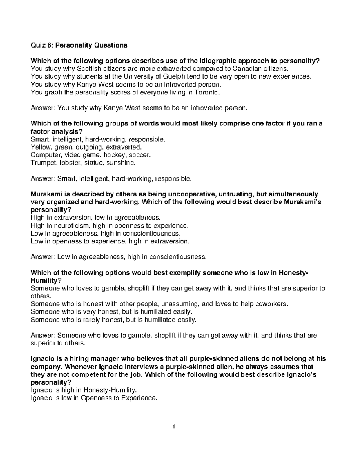 Quiz 6 Personality - practice questions for the quizzes - Quiz 6 ...