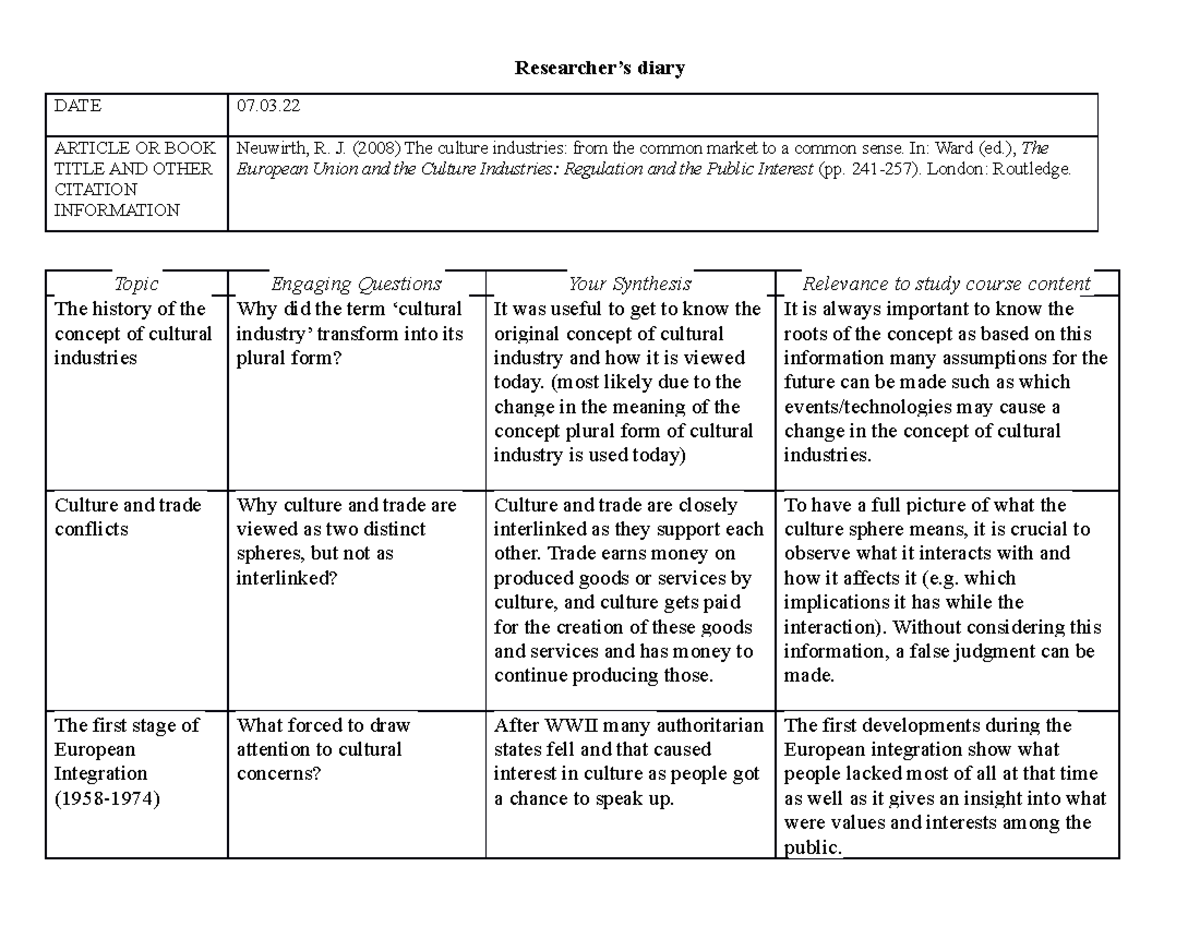 Researchers diary log You may find how a source should be referenced ...