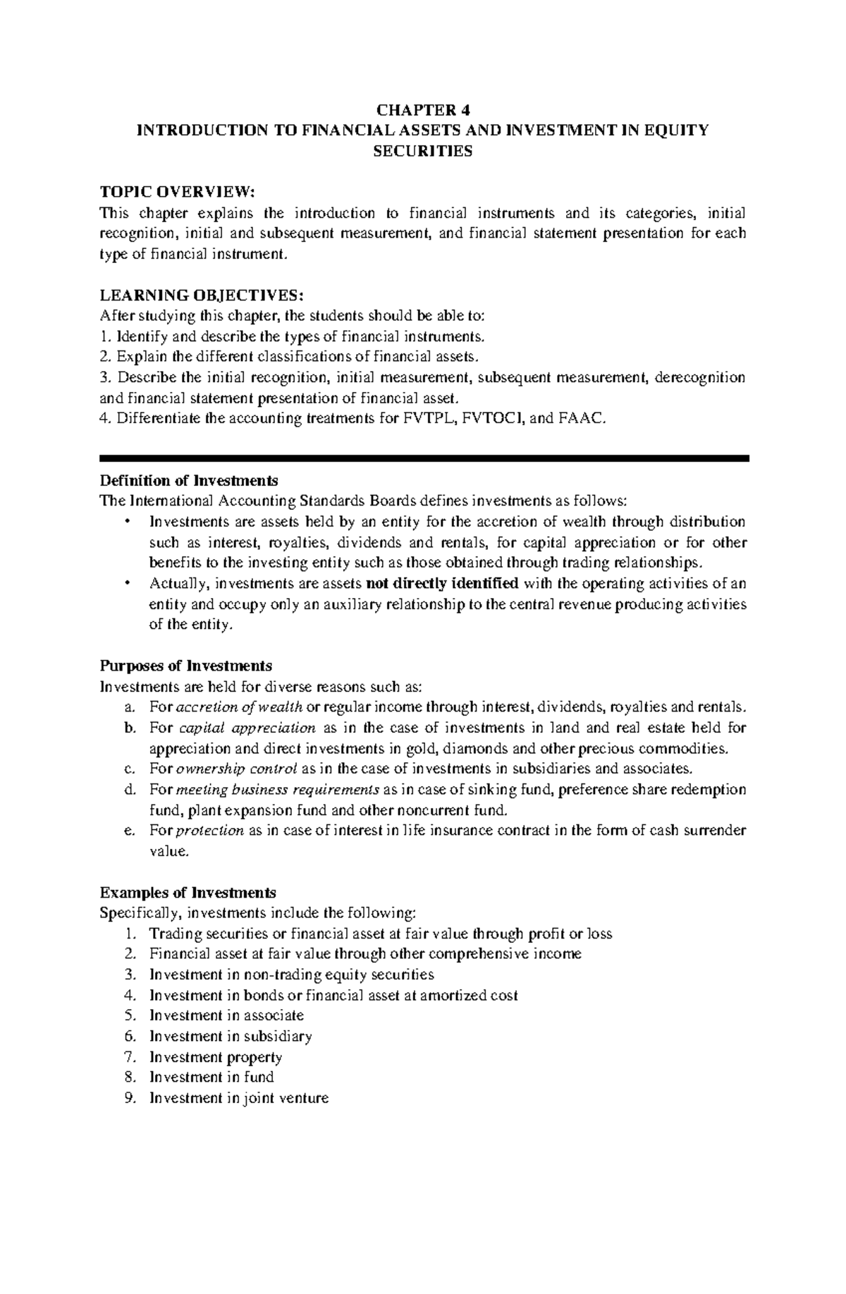 Chapter 4 introduction to financial assets and investment in equity ...