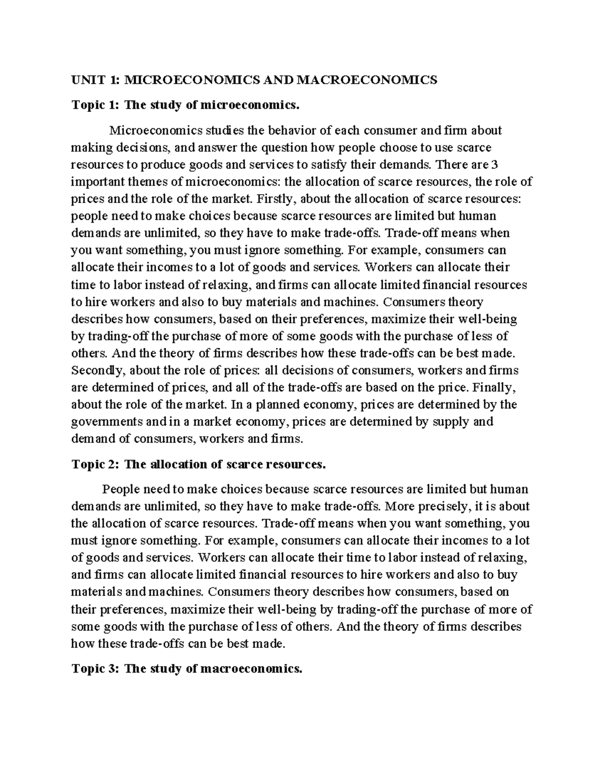 Topic - aaaa - UNIT 1: MICROECONOMICS AND MACROECONOMICS Topic 1: The ...