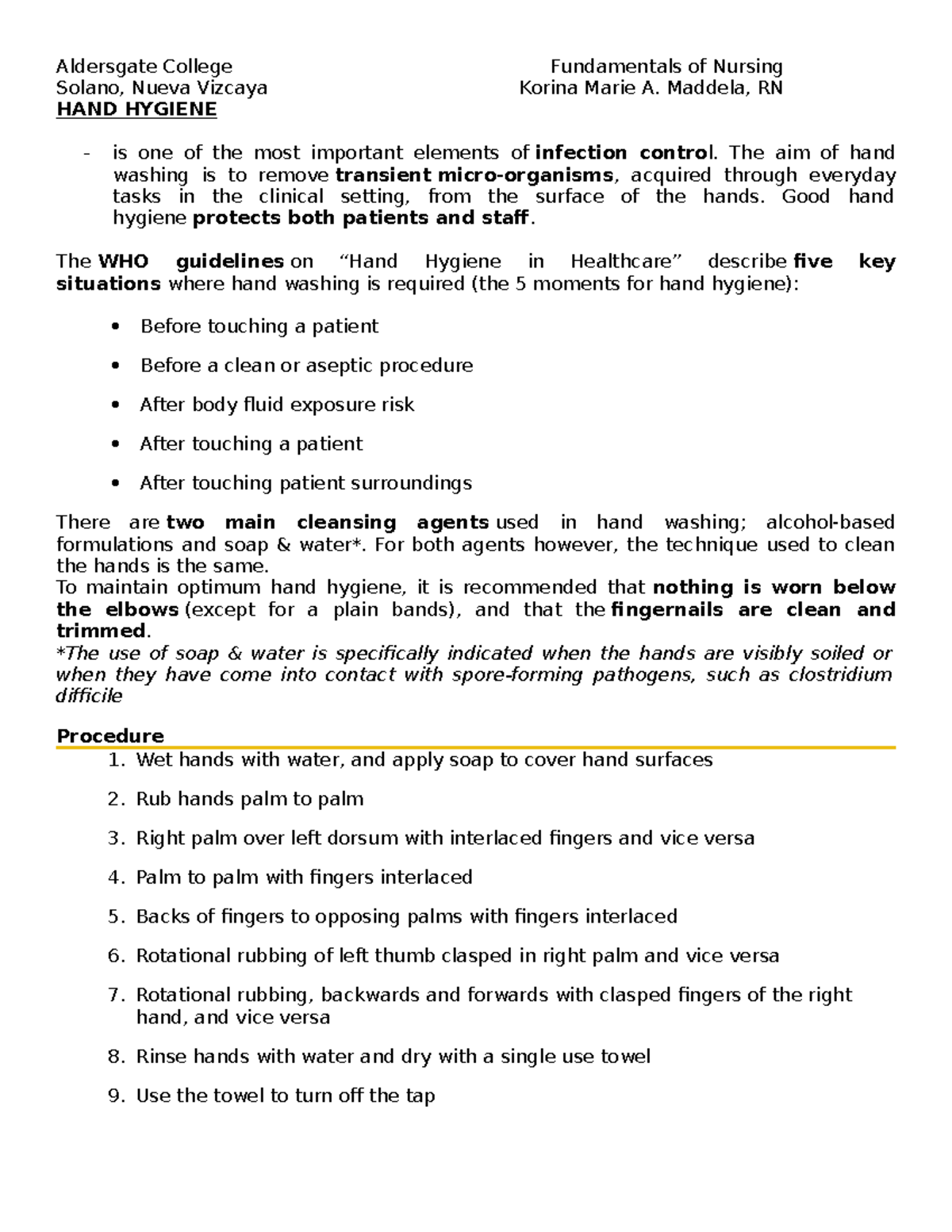 Module 4 Funda Hand Hygiene Handwashing - Aldersgate College ...