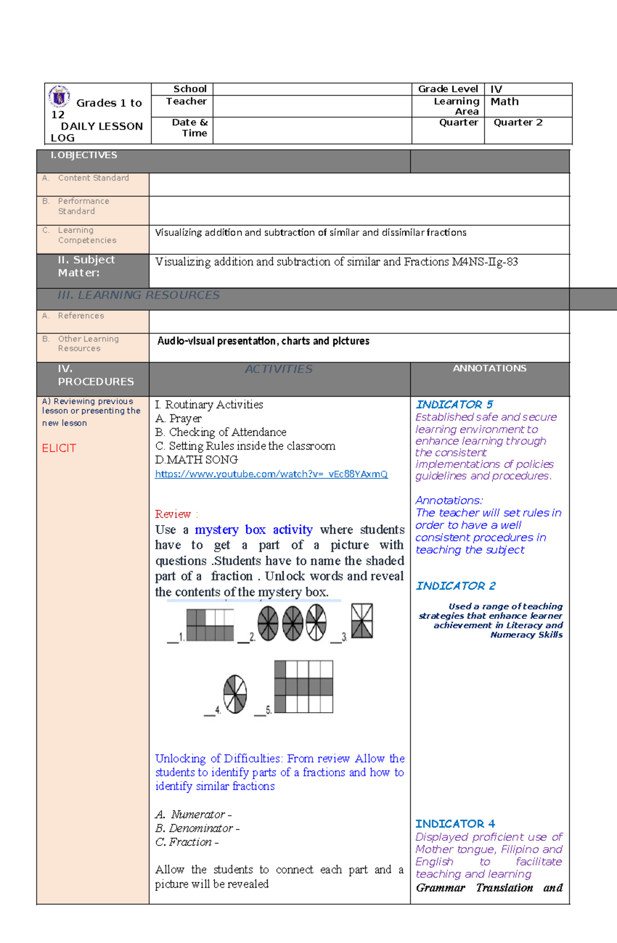 MATH 4 Adding and sub. similar fractions - Grades 1 to 12 DAILY LESSON ...