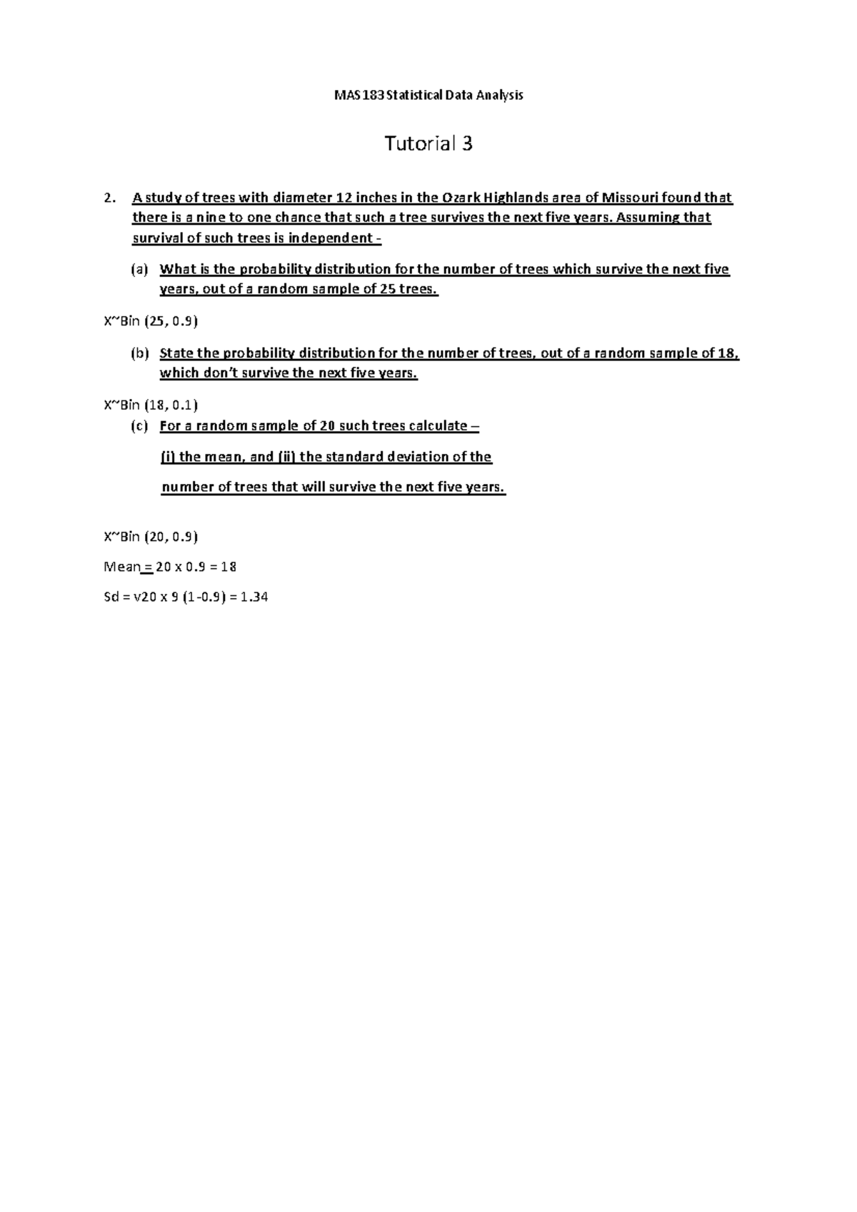 Tut 3b - tut 3b - MAS183 Statistical Data Analysis Tutorial 3 A study of trees with diameter 12 ...