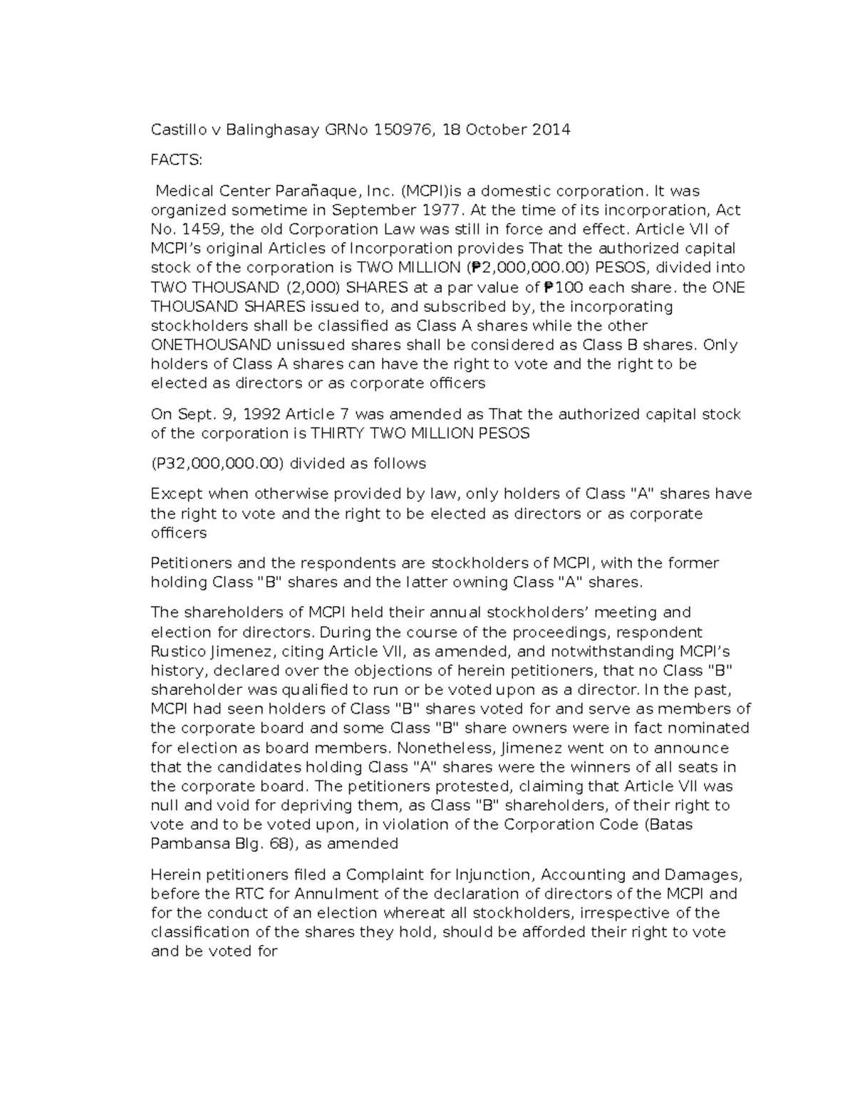 case digest: castillo v balinghasay - Castillo v Balinghasay GRNo ...