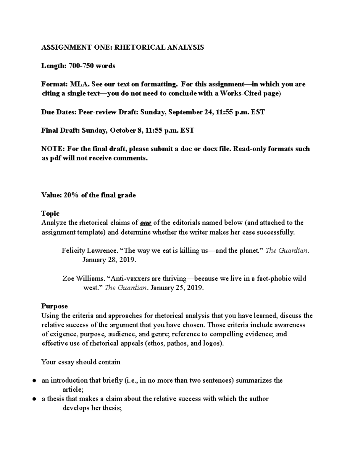 2101F Fall 2023 Assignment One Rhetorical Analysis - ASSIGNMENT ONE ...