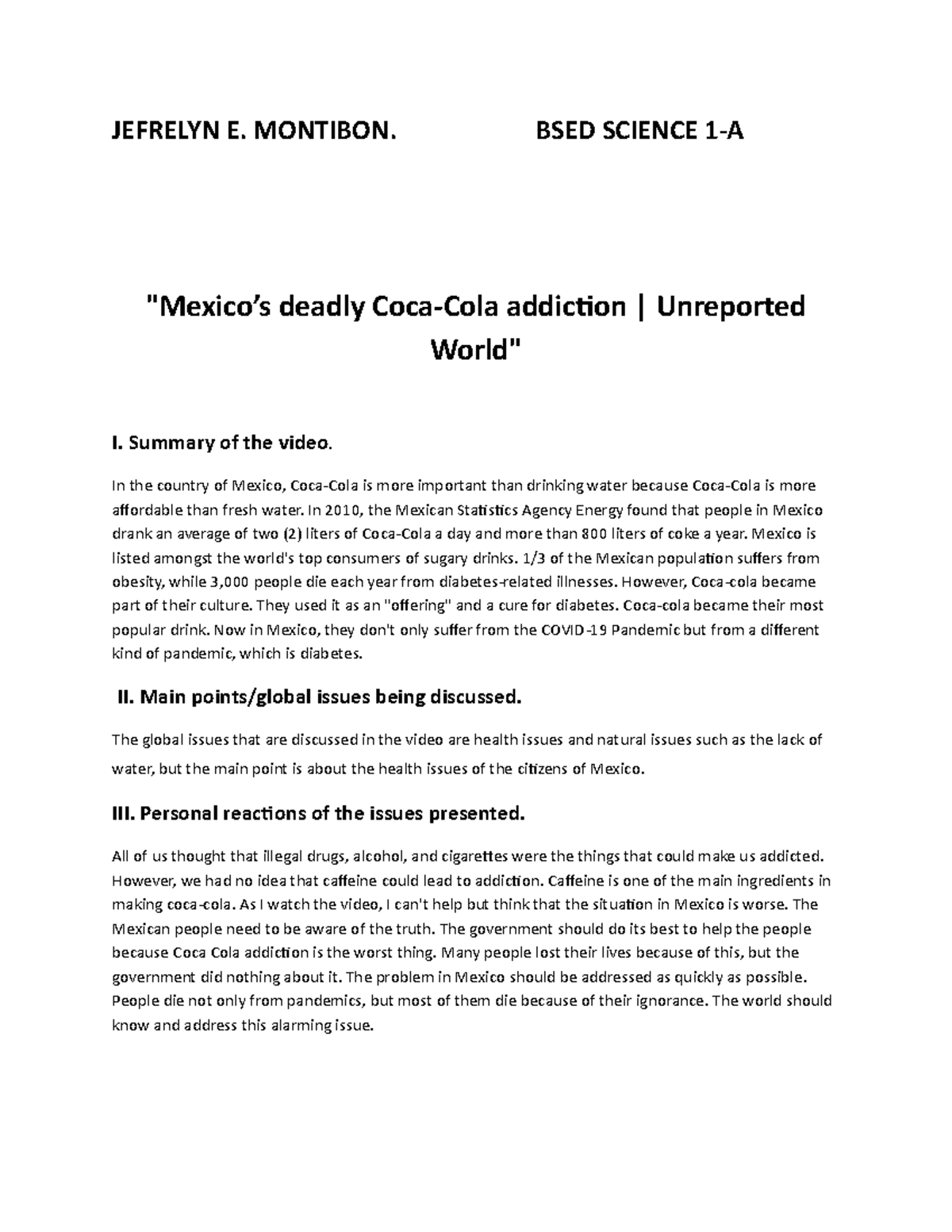 COCA-COLA Addiction WPS Office - JEFRELYN E. MONTIBON. BSED SCIENCE 1-A ...