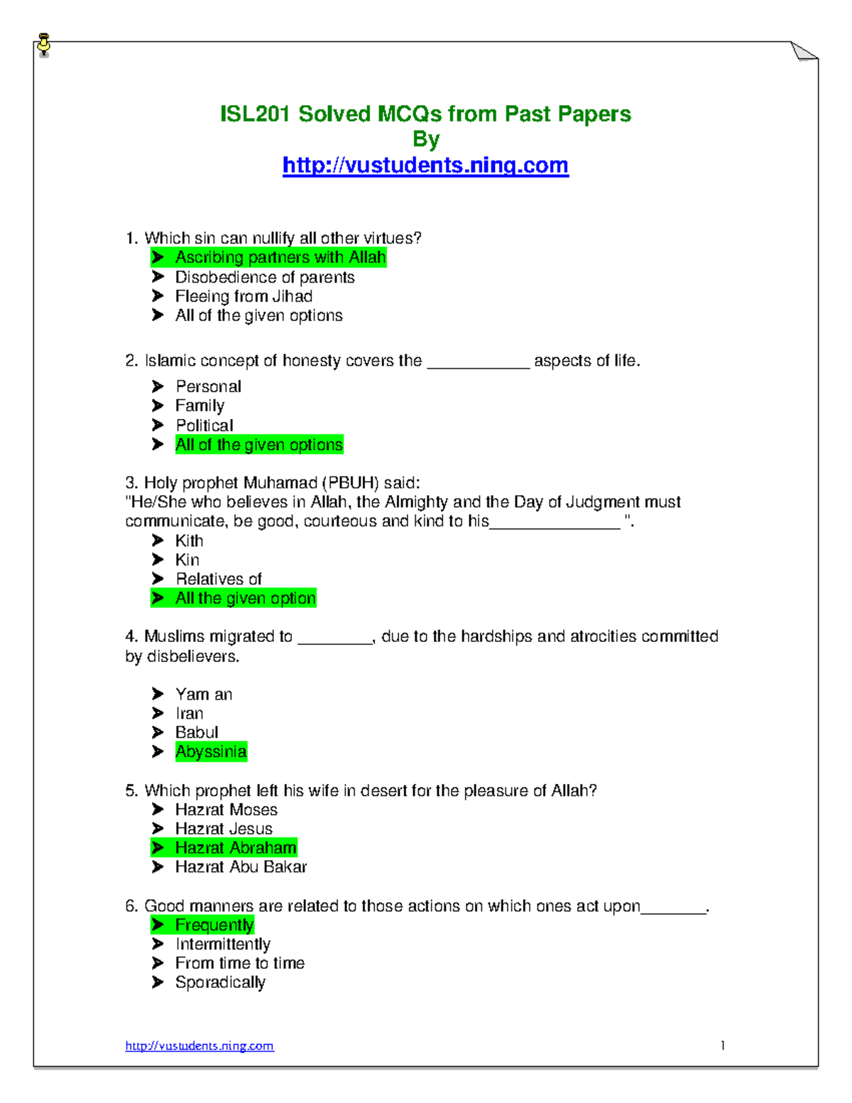 ISL201Solved MCQsfrom Past Papers 2 - ISL201 Solved MCQs from Past ...