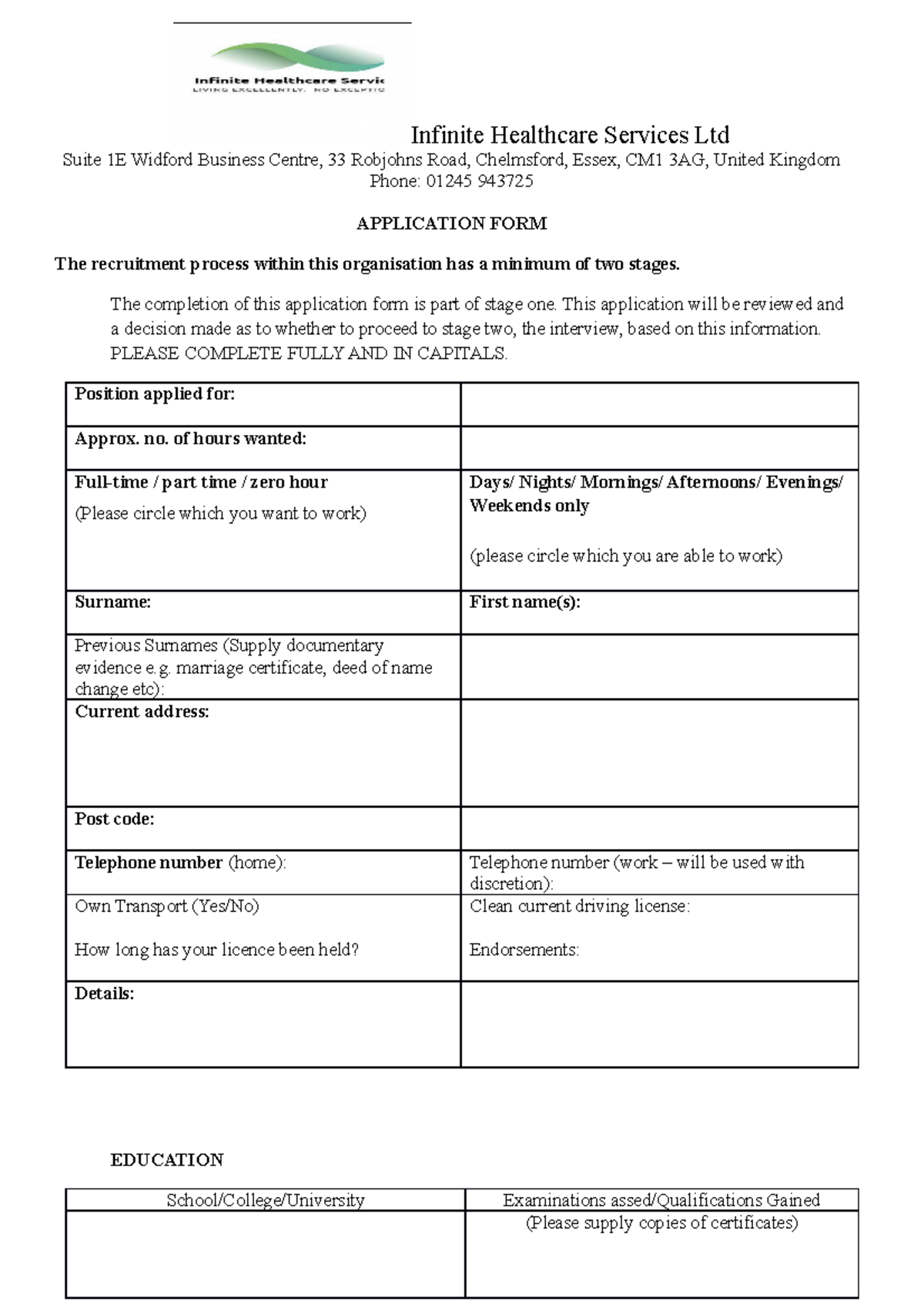 Infinite Healthcare Services Ltd Application Form - Studocu