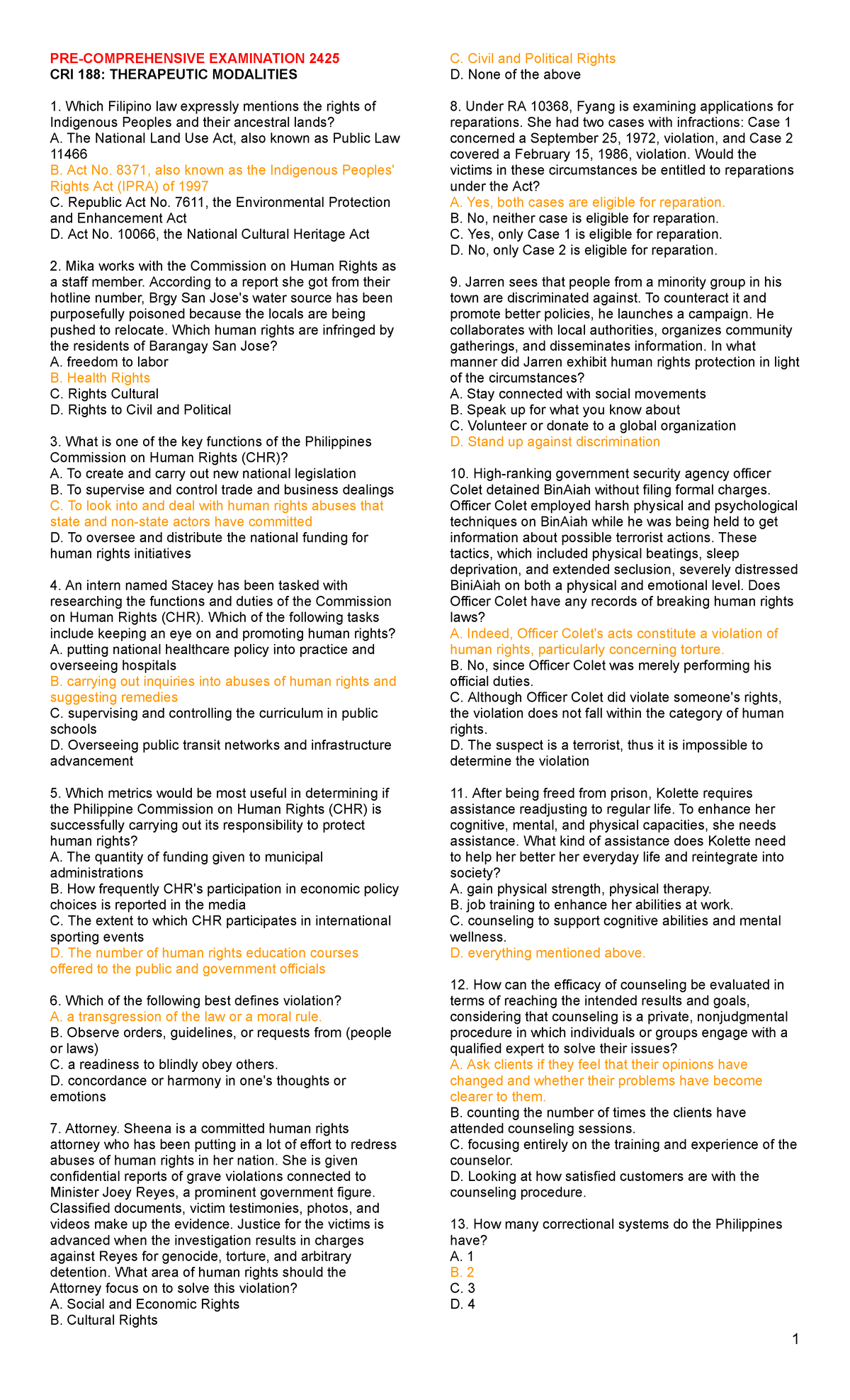 CRI 188 PRE Compre 1 - n/a - PRE-COMPREHENSIVE EXAMINATION 2425 CRI 188: THERAPEUTIC MODALITIES ...