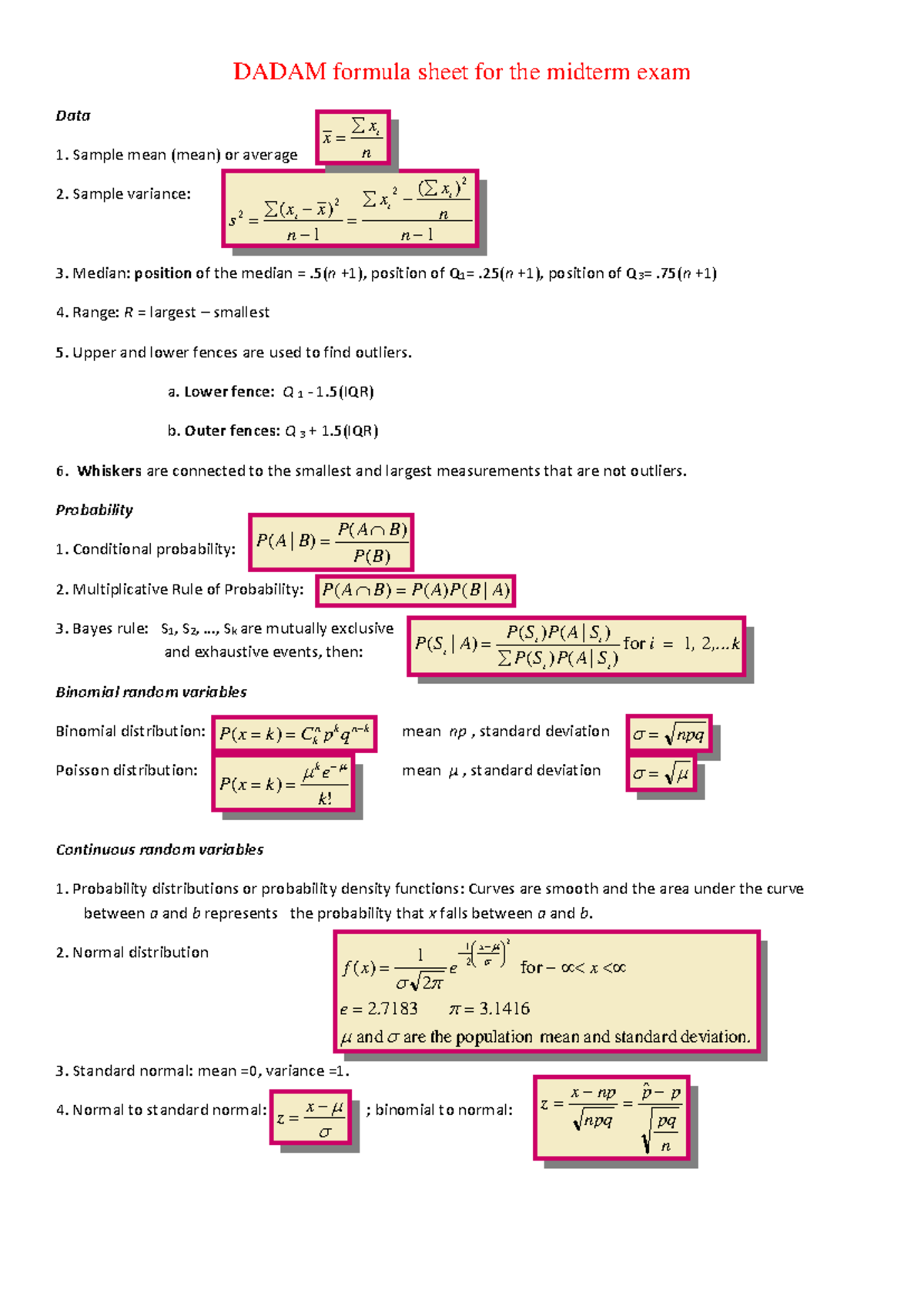 Formula sheet (midterm exam) - DADAM formula sheet for the midterm exam Data Sample mean (mean ...
