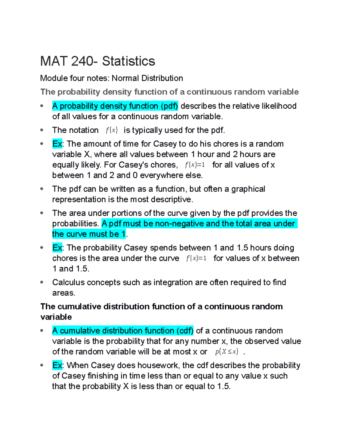 Statistics module four reading and notes - MAT 240- Statistics Module ...