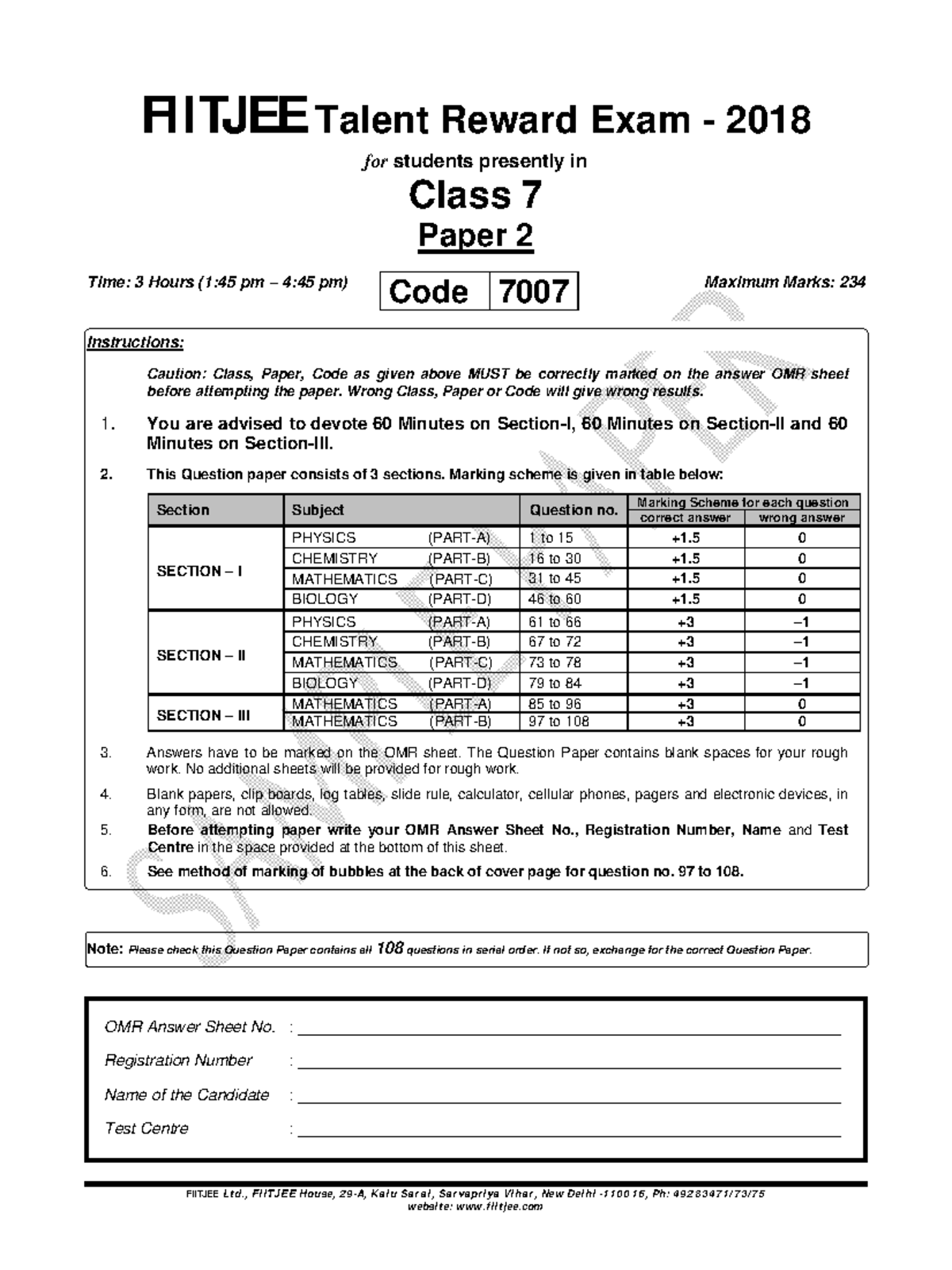 Fiitjee Sample Papers Class VII Paper 2 - FIITJEE Lt d., FI I T JEE H ...