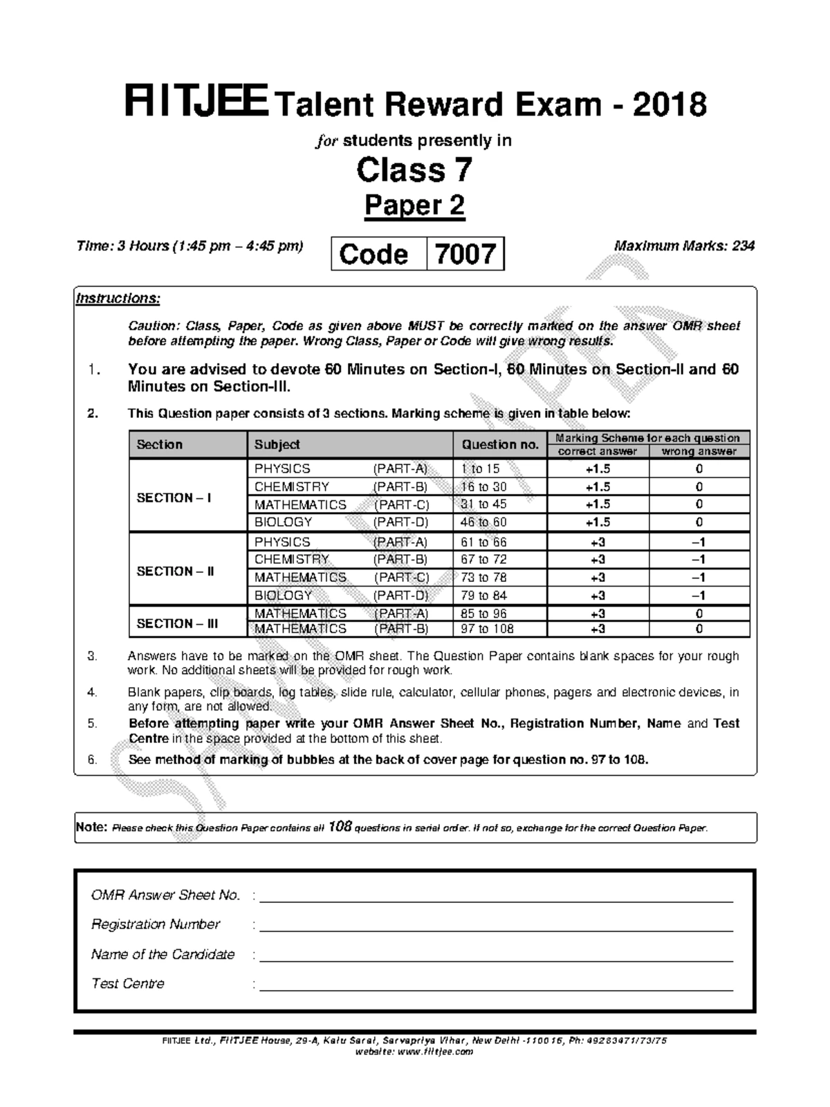 FTRE Sample Paper Class 7th Paper 2 - FIITJEE Lt d., FI I T JEE H ouse ...