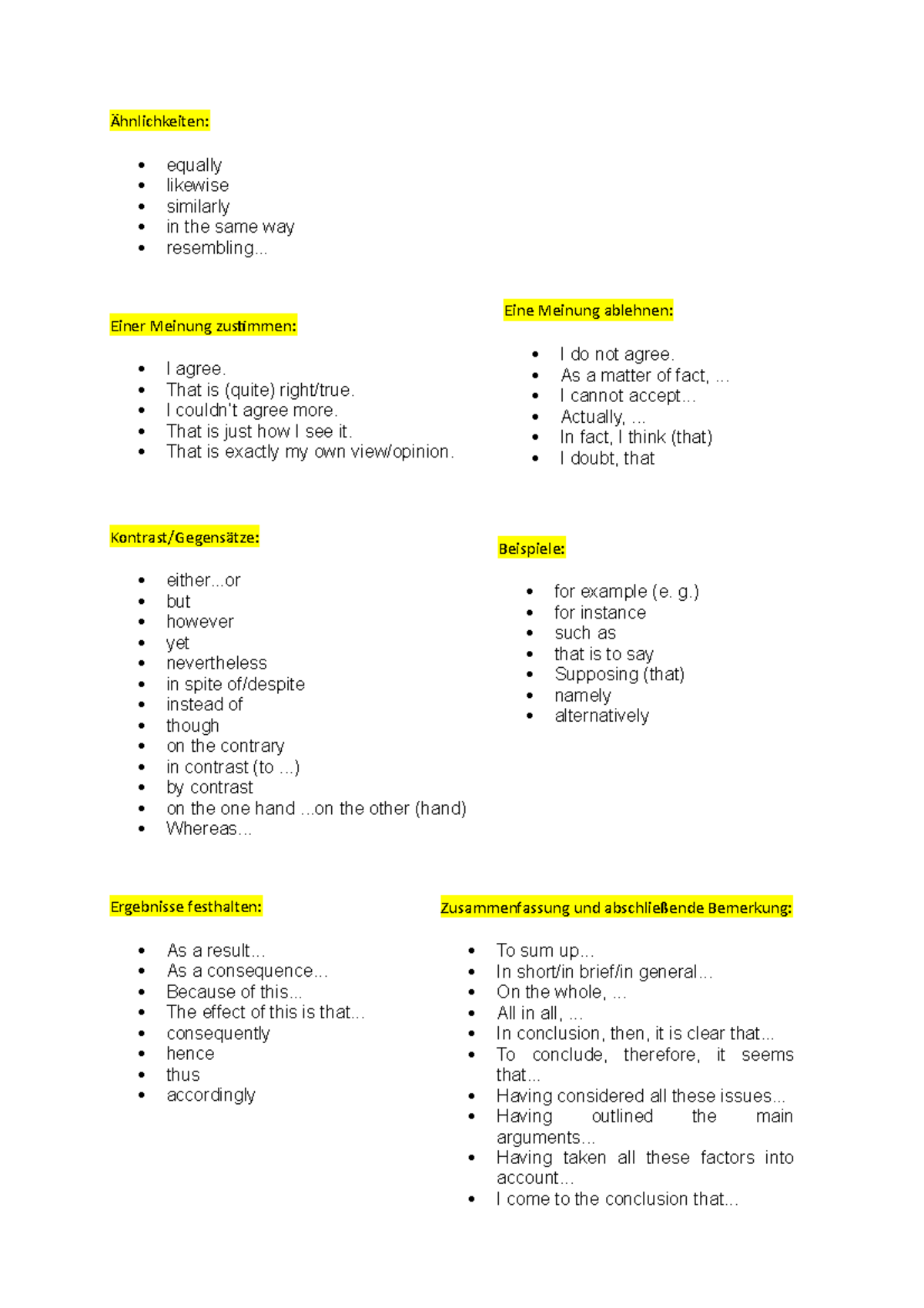 Abitur - Wendungen, Phrasen, Stil I - Ähnlichkeiten: equally likewise ...