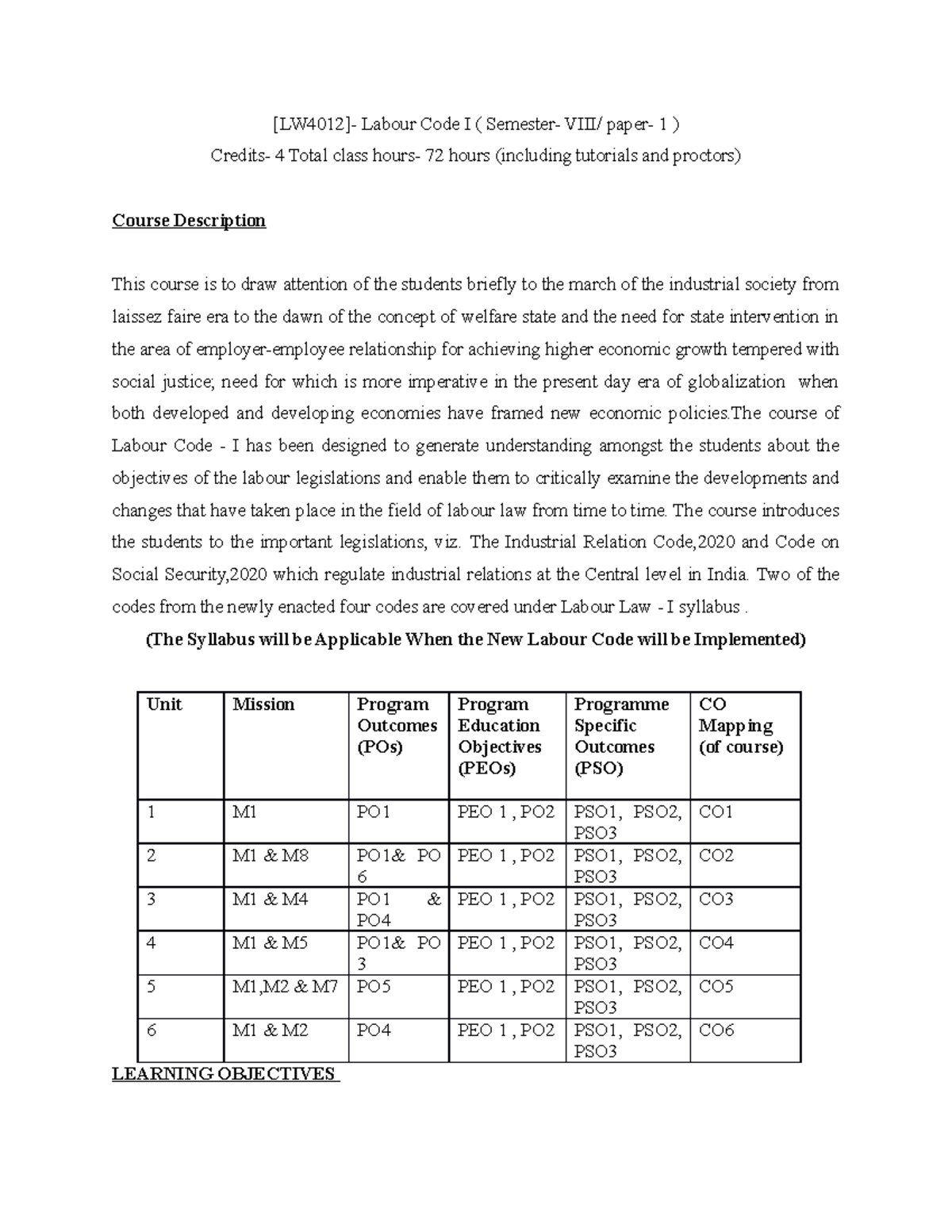 Labour Code - I,LW 4012,8th sem - [LW4012]- Labour Code I ( Semester ...