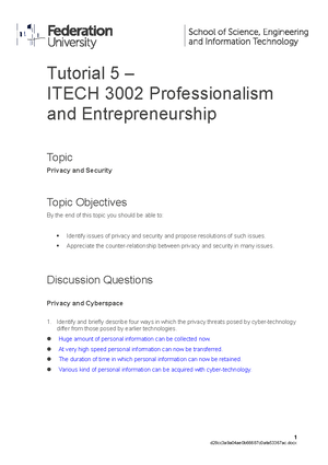 Itech 3002 6 tutorial - Tutorial 6 – ITECH 3002 Professionalism and ...