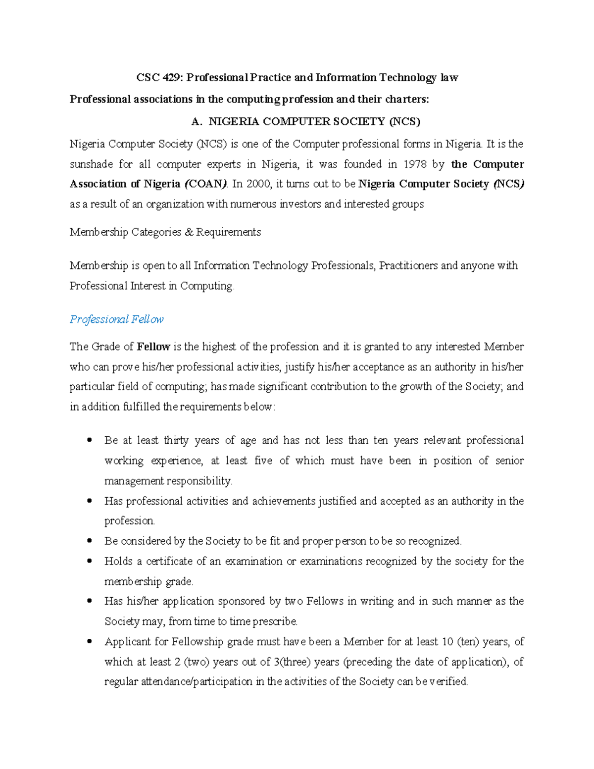 CSC 429 - Course material - CSC 429: Professional Practice and Information Technology law - Studocu