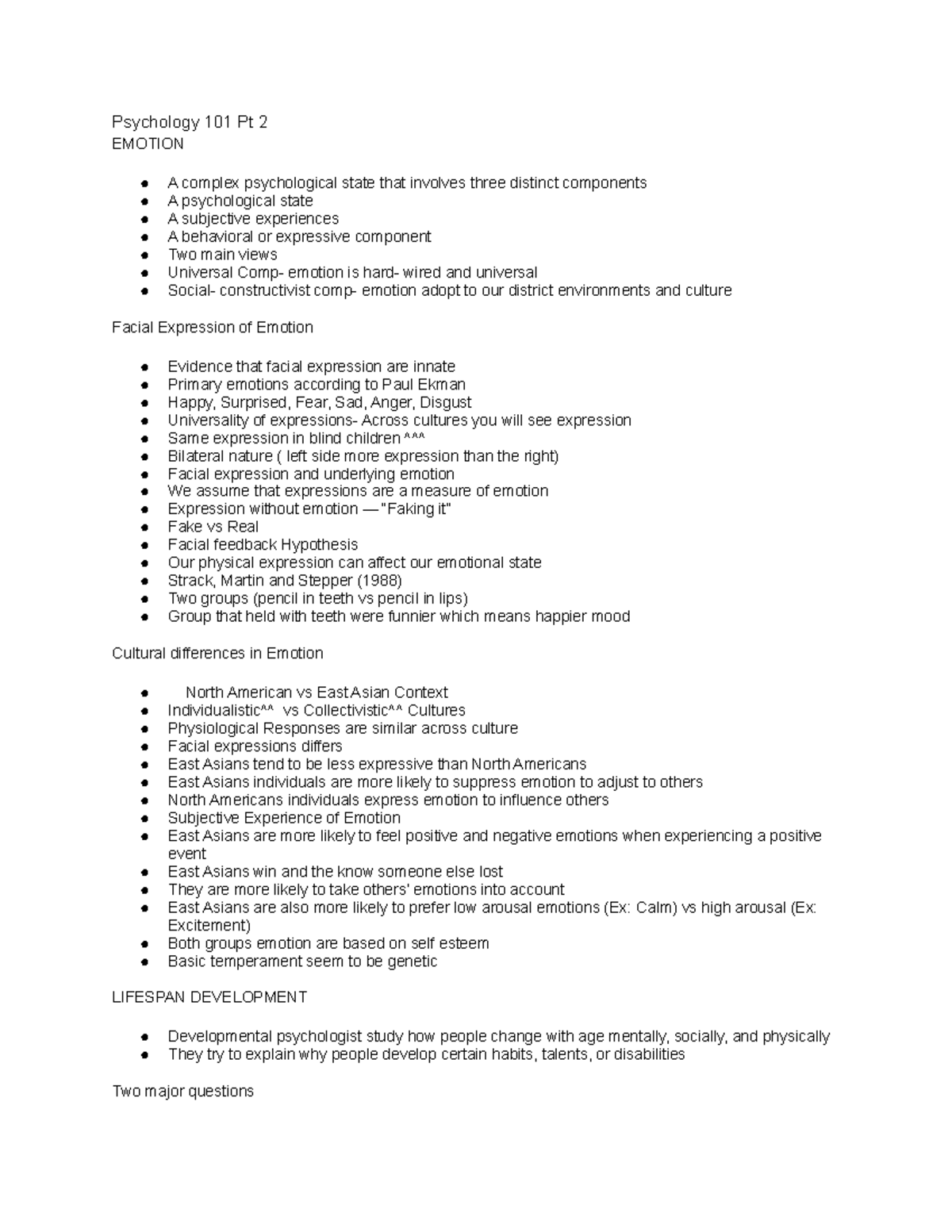 Psych 101 Pt - Lecture Notes - Psychology 101 Pt 2 EMOTION A complex ...