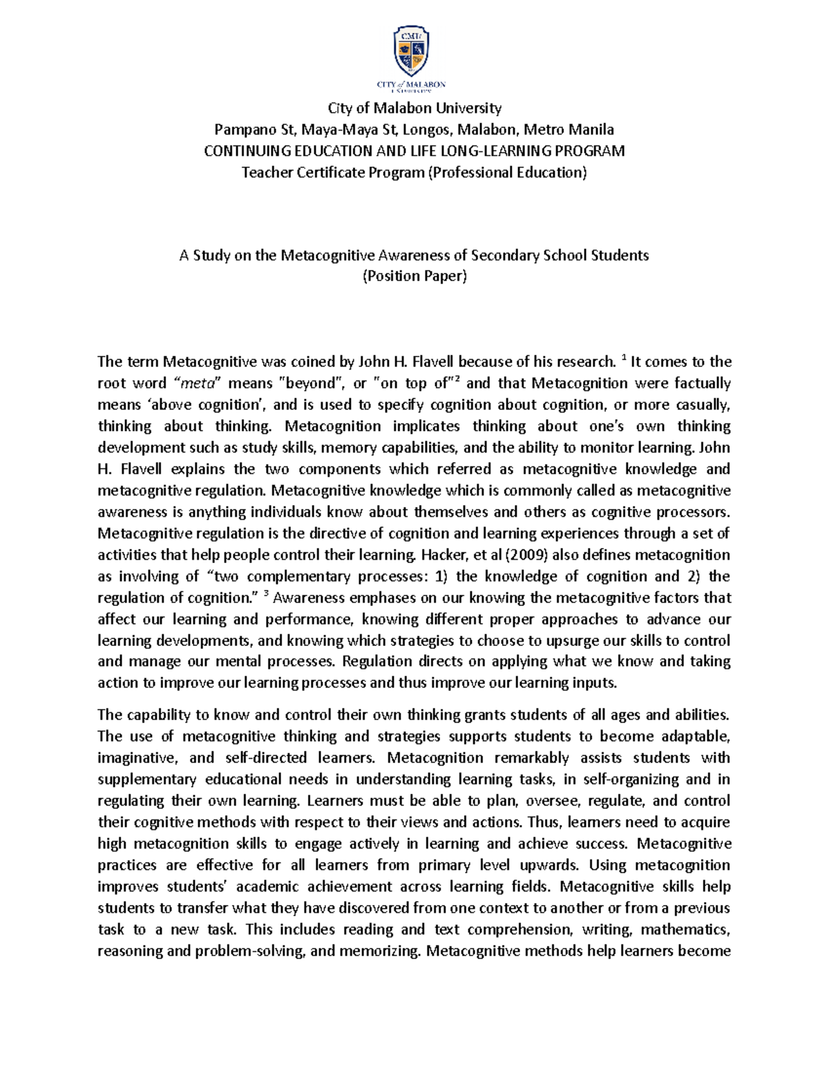 Position Paper in secondary students in metacognition - City of Malabon ...