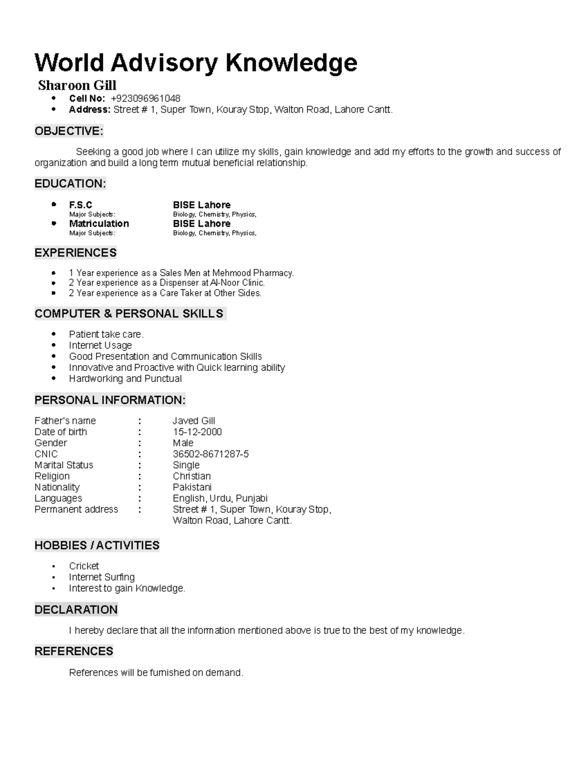 Sharoon - Lecture notes 3-7 - World Advisory Knowledge Sharoon Gill ...