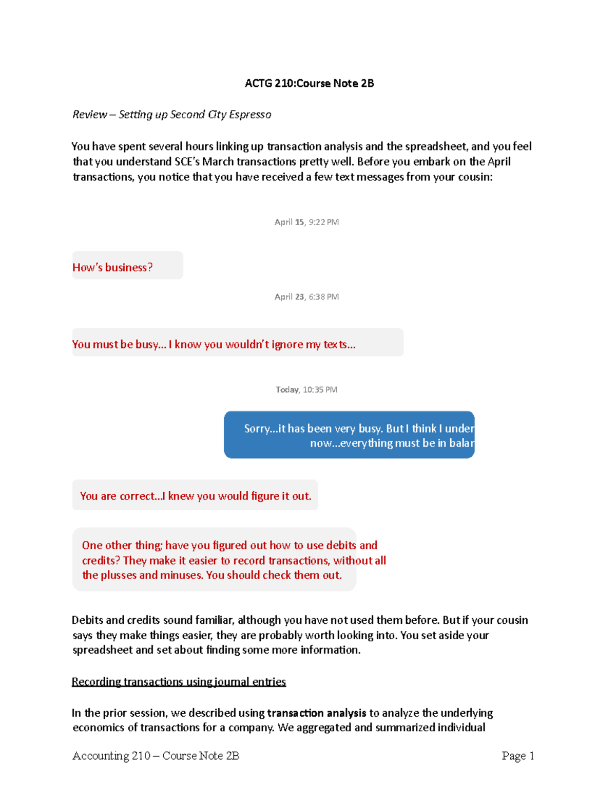 ACTG 210-Course Note 2B - ACTG 210:Course Note 2B Review – Setting up Second City Espresso You ...