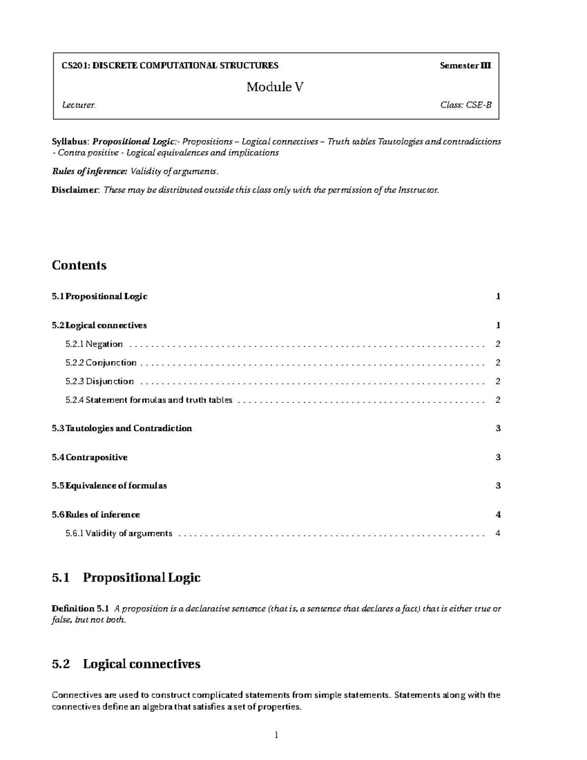 Dcs M5 Propositional Logic Propositions Logical Connectives
