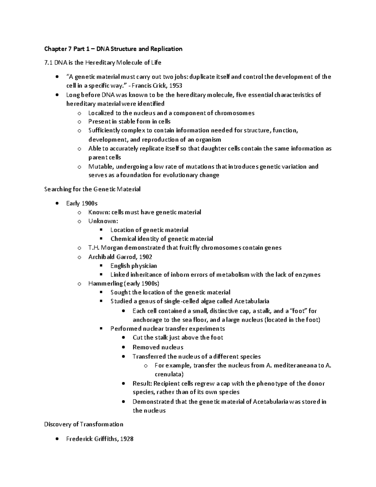Chapter 7 Part 1 – DNA Structure and Replication - Chapter 7 Part 1 ...