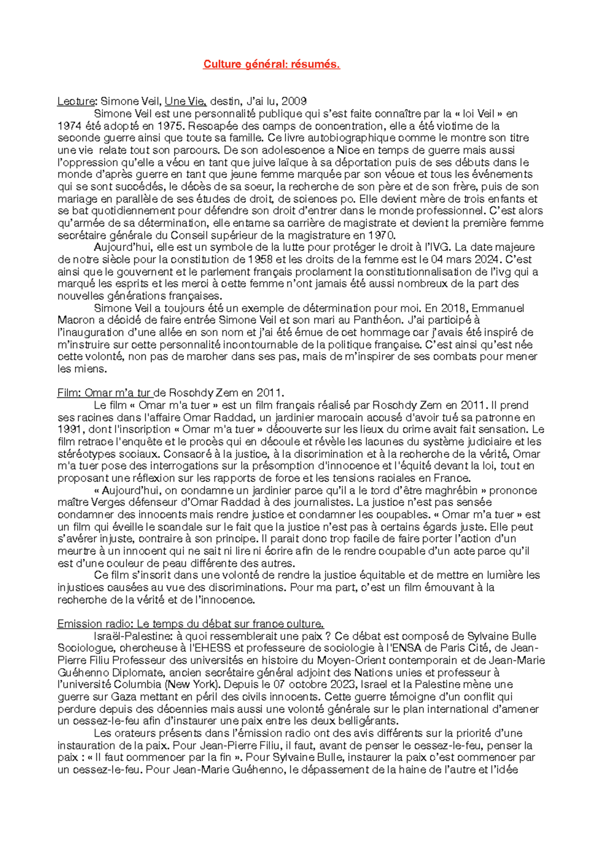 Résumés s2 - Culture général: résumés. Lecture: Simone Veil, Une Vie ...