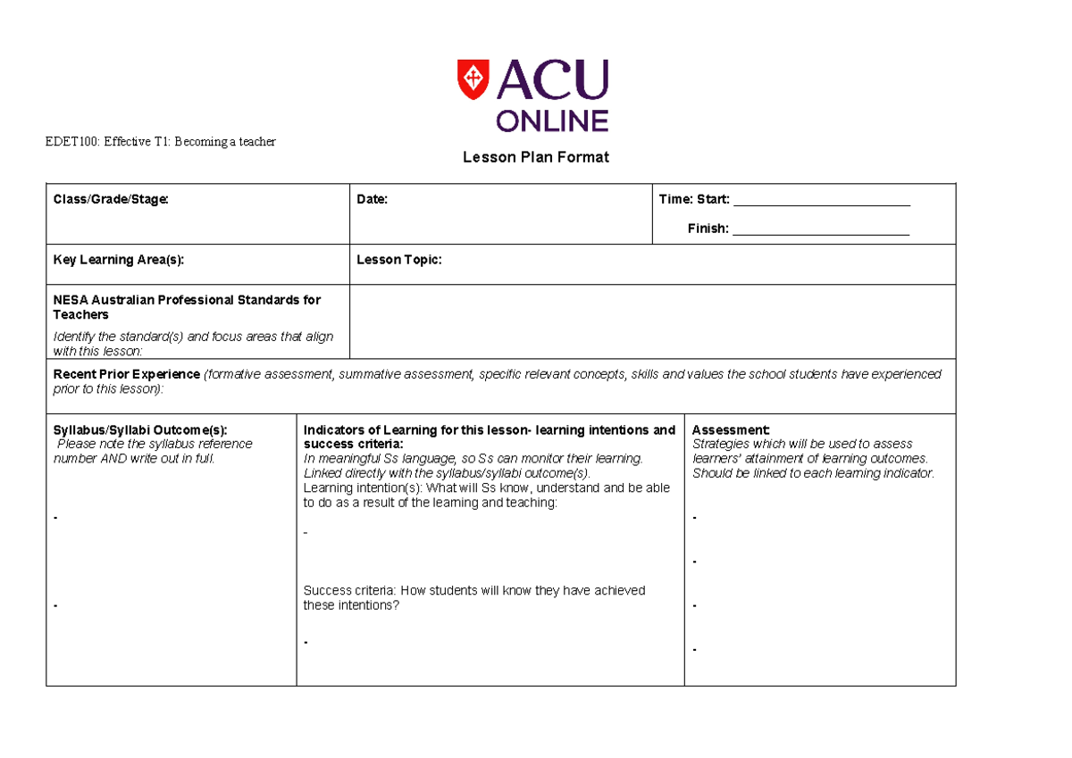 EDET100 NSWLesson Plan Template - Lesson Plan Format Class/Grade/Stage ...