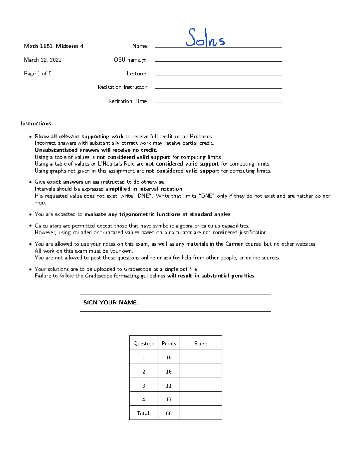 1151M4Sp21Solns - Midterm 4 Practice Solutions - Math 1151 Midterm 4 ...