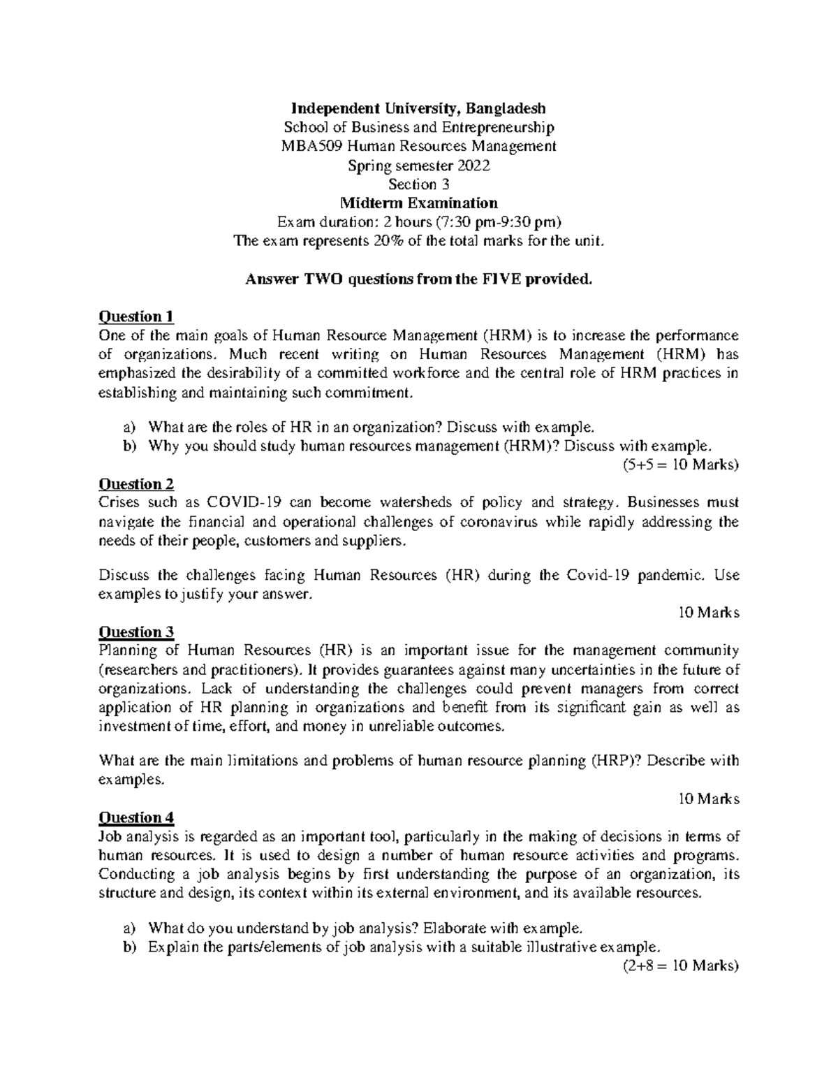 Spring 2022 IUB MBA 509-3 Midterm Exam Question Paper - Independent ...