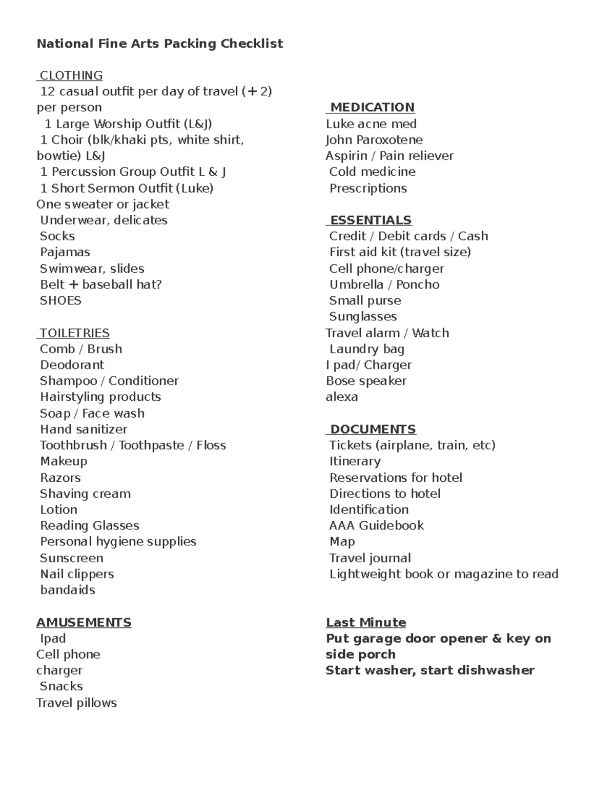 Packing List - NIce - National Fine Arts Packing Checklist CLOTHING 12 ...
