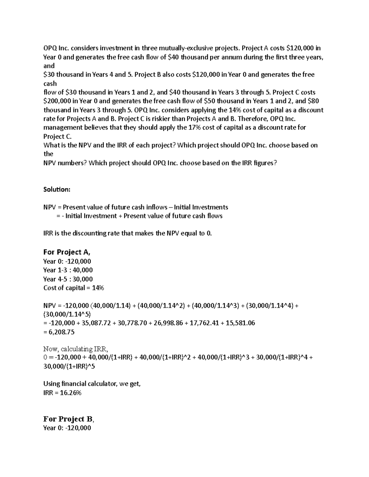 Assignment test - OPQ Inc. considers investment in three mutually ...