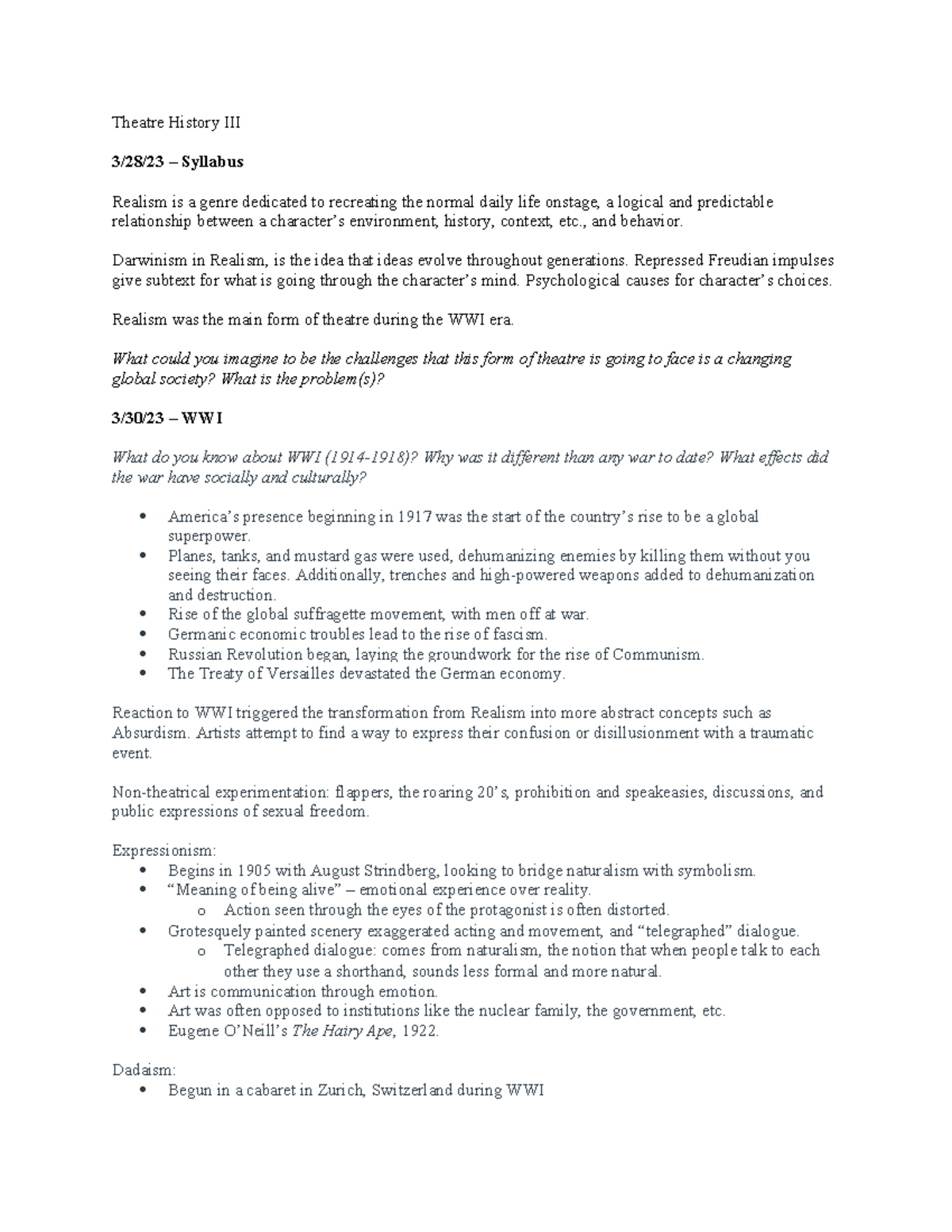 Theatre History III Notes - Theatre History III 3/28/23 – Syllabus ...