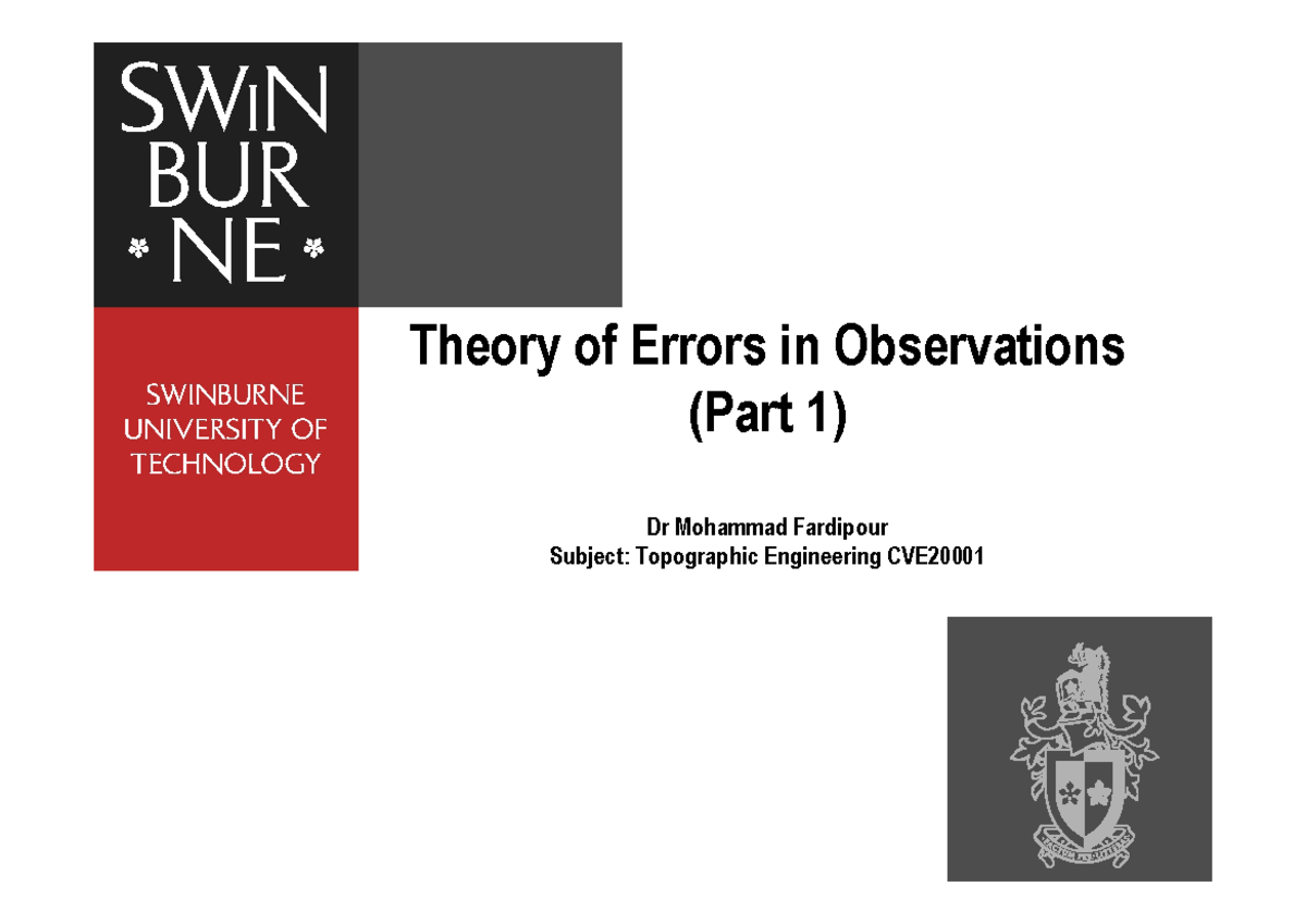 Lecture 10- Introduction to Theory of Errors (Part 1)-1 - Theory of Errors in Observations (Part ...
