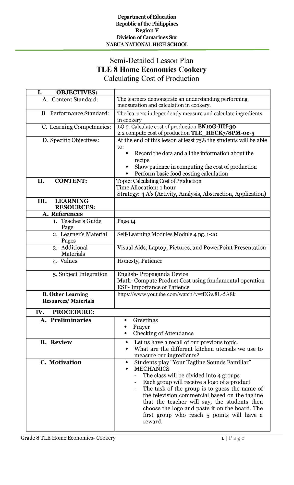 Semi Detailed Lesson Plan In T L E Cookery Lesson Plan Format Eroppa