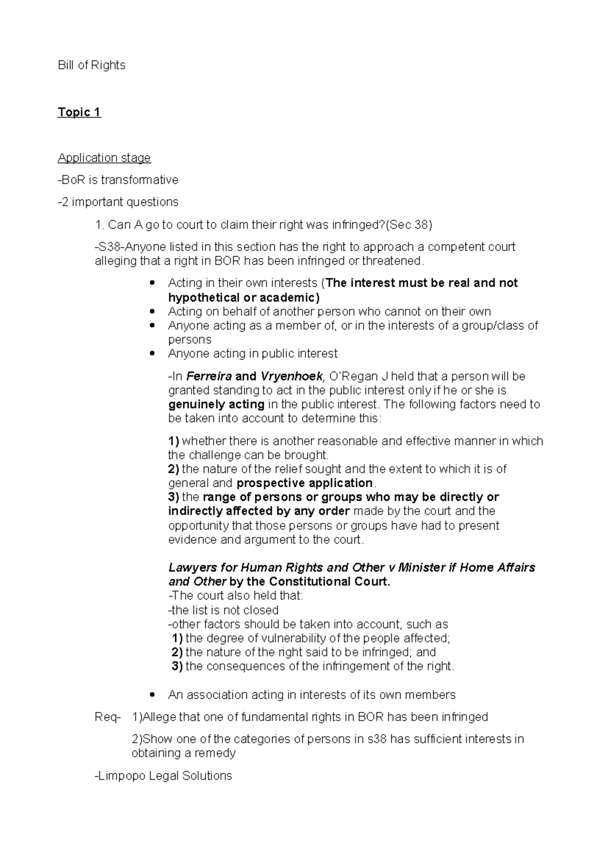 Bill of Rights - Bill of Rights Topic 1 Application stage -BoR is ...