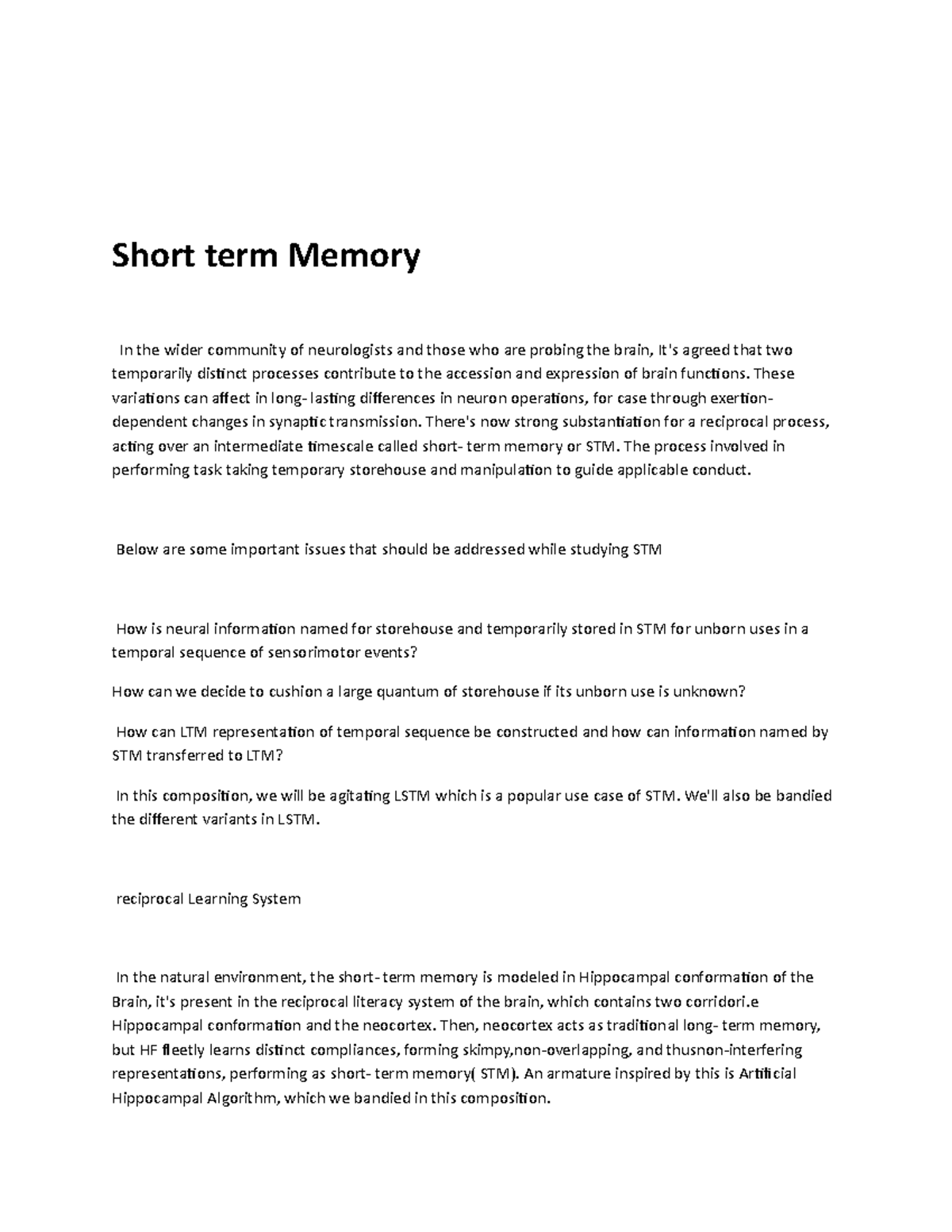 Short term Memory note - Short term Memory In the wider community of ...