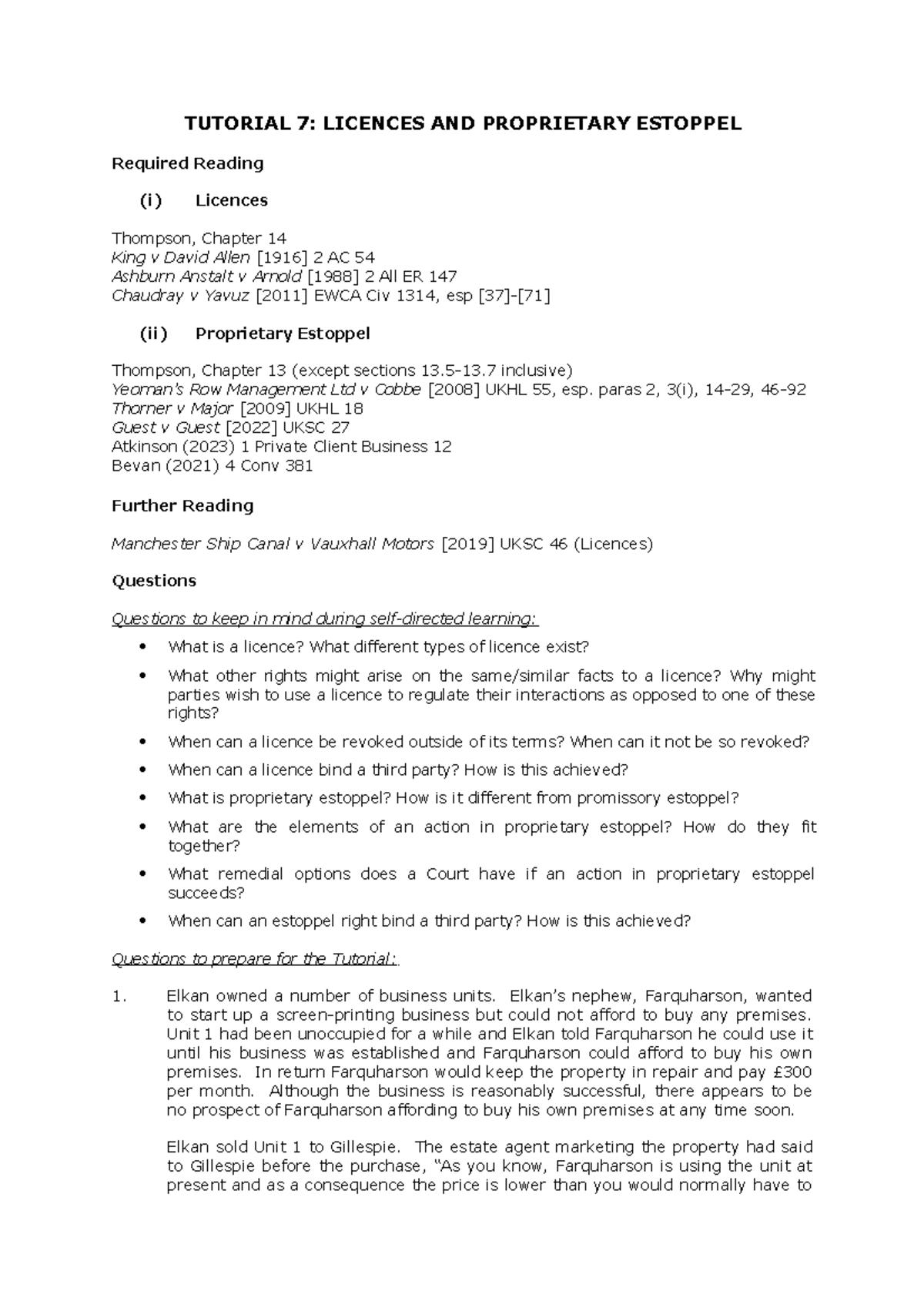 Land Law Tutorial Handout Topic 7 - Licences and Proprietary Estoppel - TUTORIAL 7: LICENCES AND ...