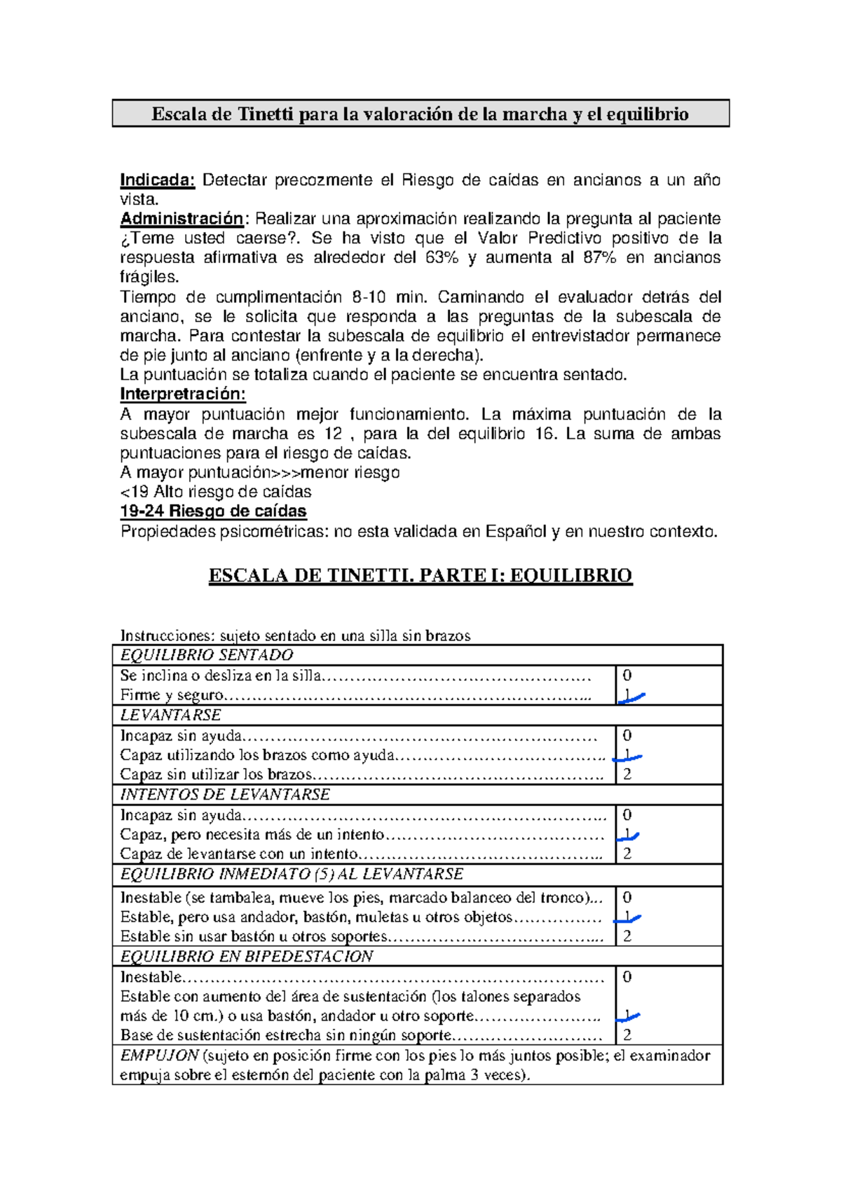 Escala Tinetti- escala de marcha y equilibrio - Escala de Tinetti para ...