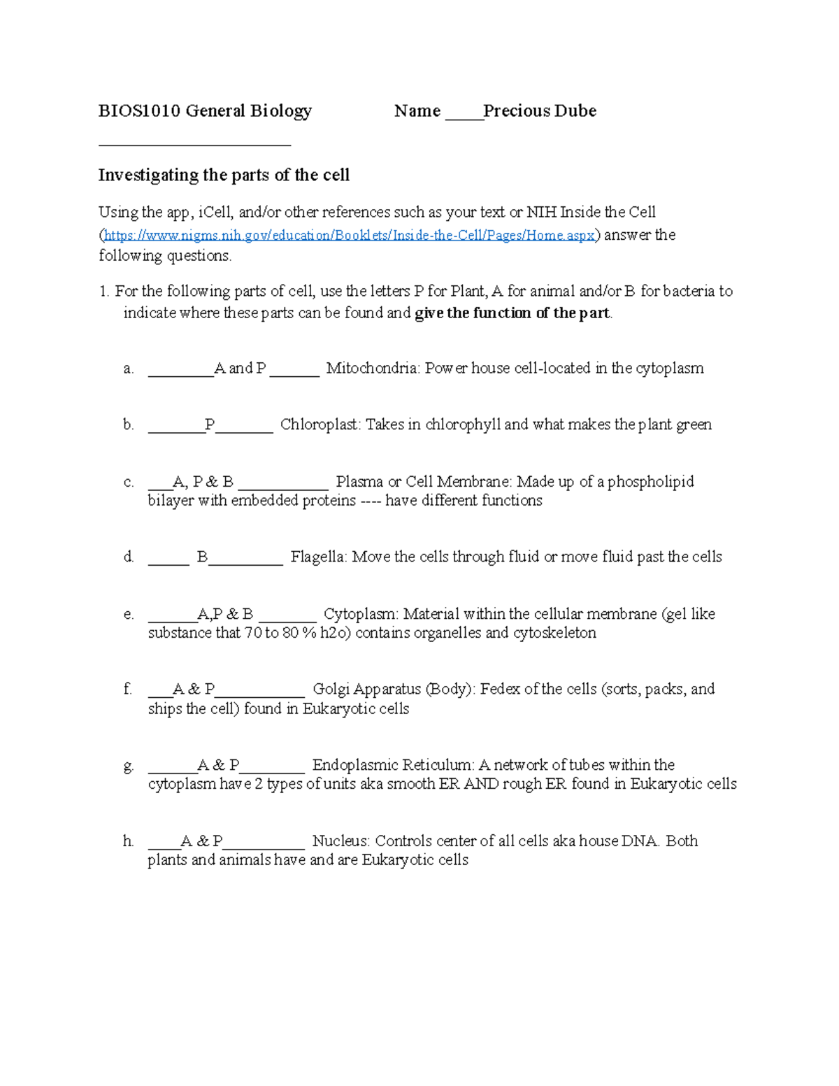 Module 1 Activity 2 Investigating the Parts of the Cell Final ...