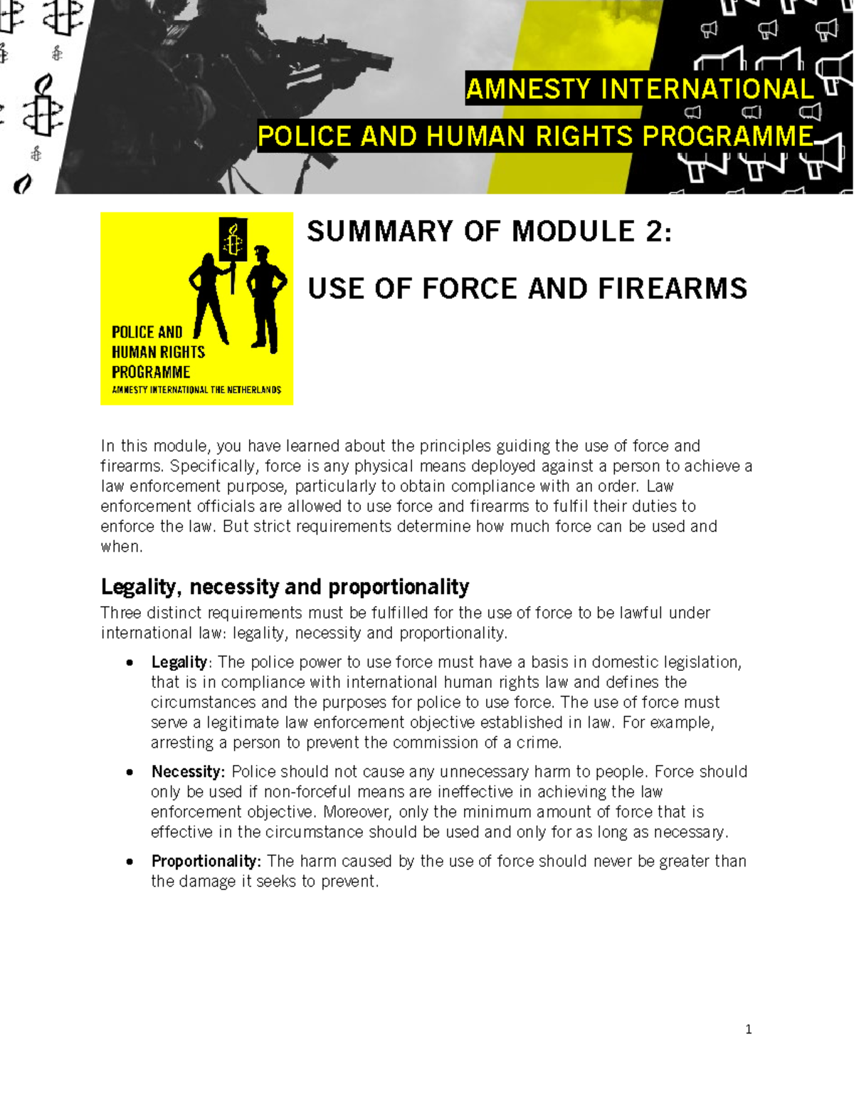 Summary use of force and firearms - SUMMARY OF MODULE 2: USE OF FORCE ...