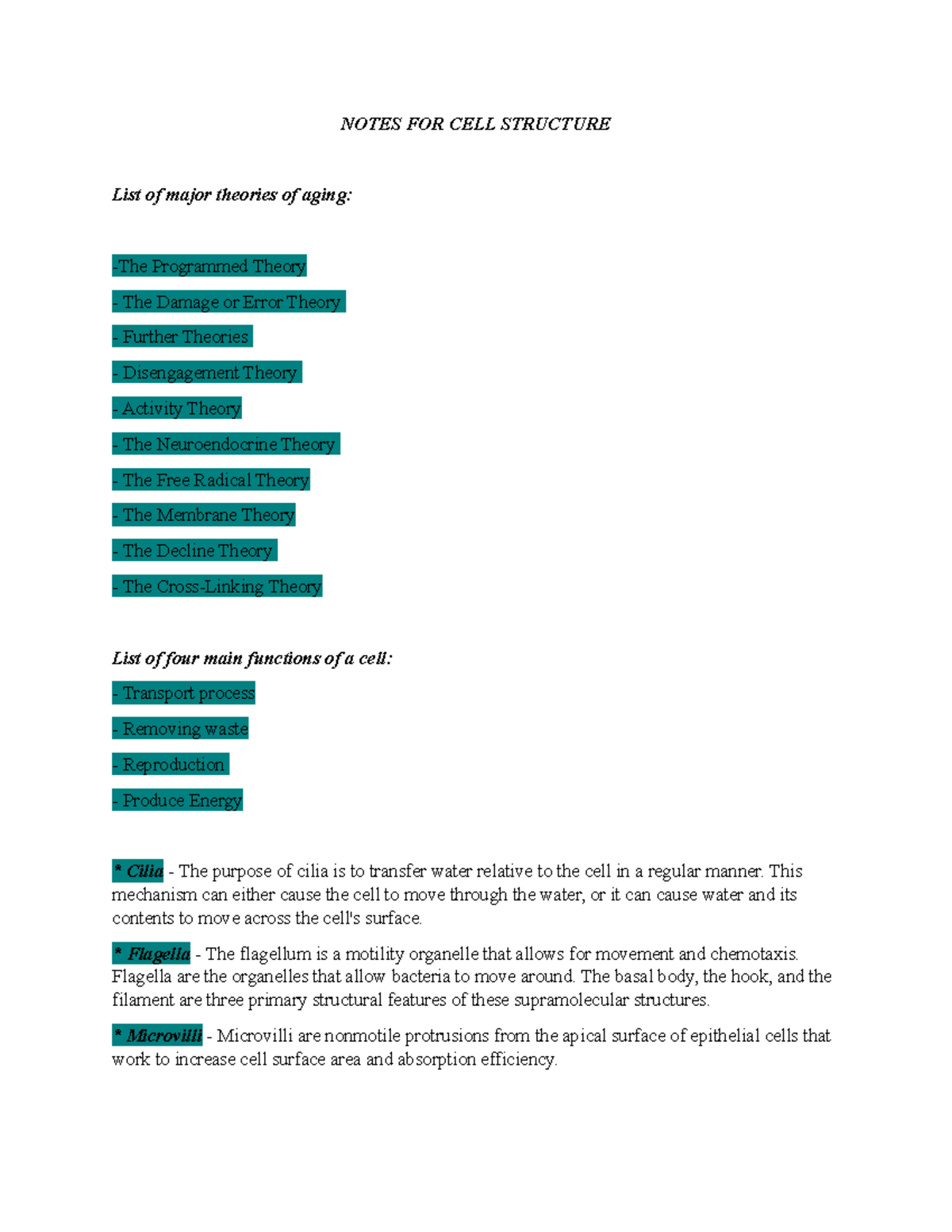 Notes FOR CELL Structure - NOTES FOR CELL STRUCTURE List of major ...