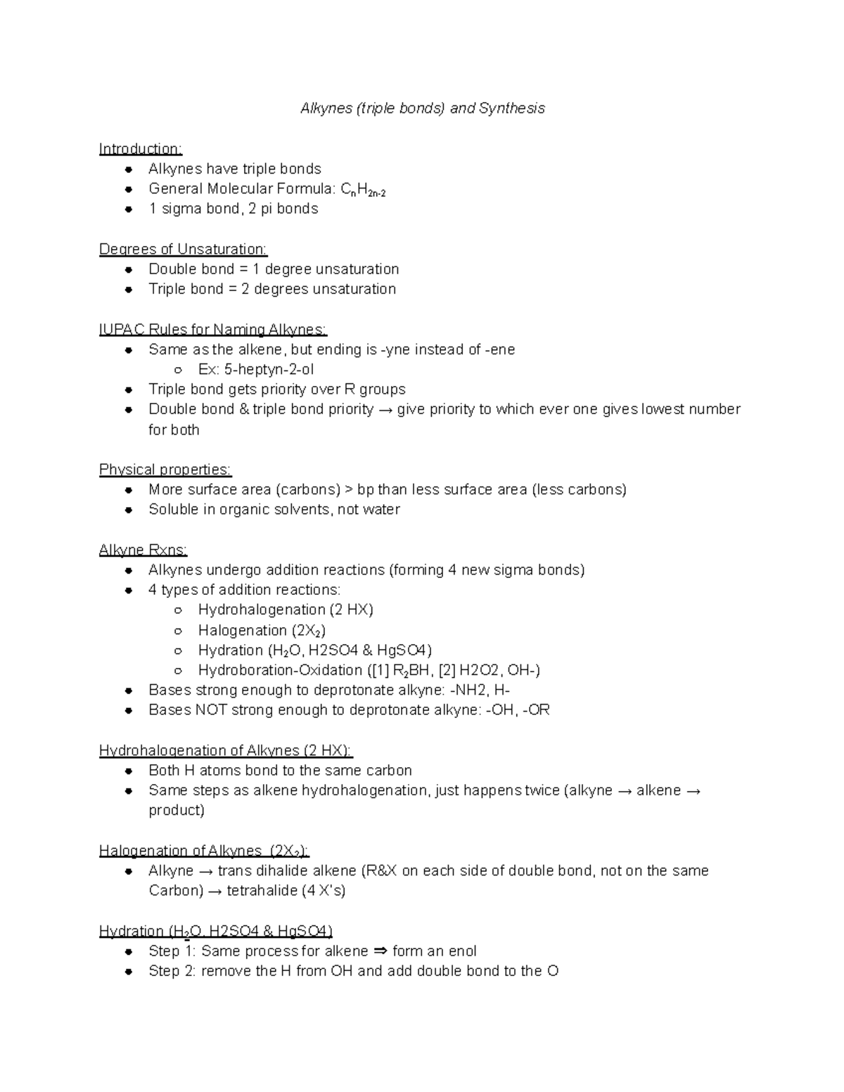 ORGO Ch 11 - Study Guide - Alkynes (triple bonds) and Synthesis ...