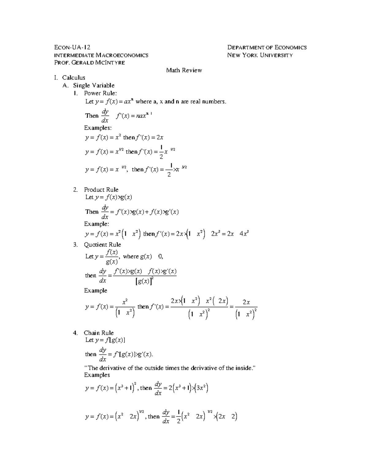Math-Review-Econ12 - Math - ECON-UA- 12 DEPARTMENT OF ECONOMICS ...