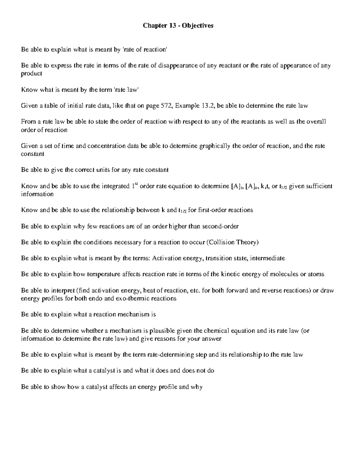 Chemistry Learning Objectives Chapter 13 - Chapter 13 - Objectives Be ...