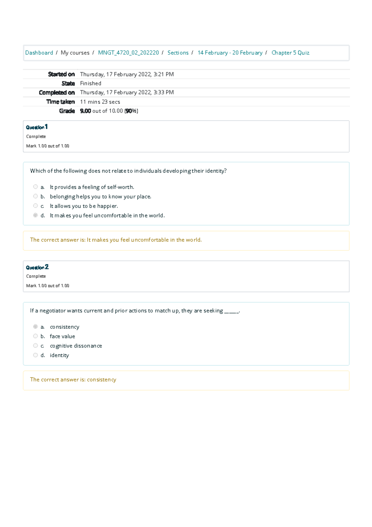 Chapter 5b Quiz Attempt review - Dashboard / My courses / MNGT_4720_02 ...