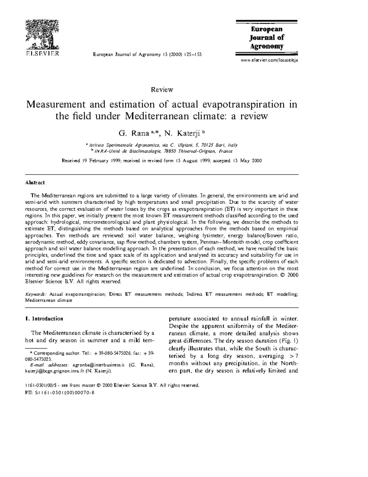 Measurement And Estimation Of Actual Evapotranspiration Review European Journal Of Agronomy 13