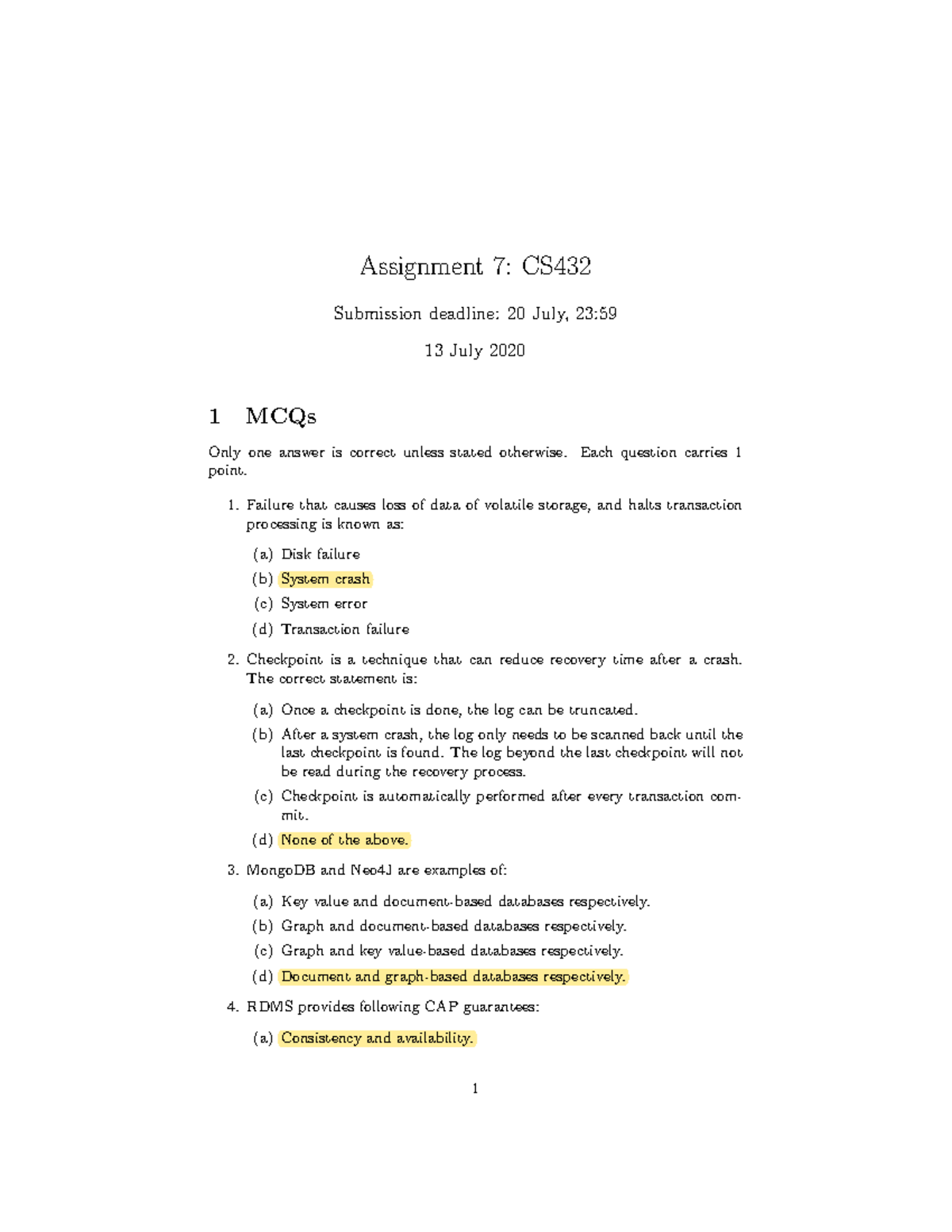 CS 432 Databases Assignment 7 - Assignment 7: CS Submission deadline: 20 July, 23: 13 July 2020 ...