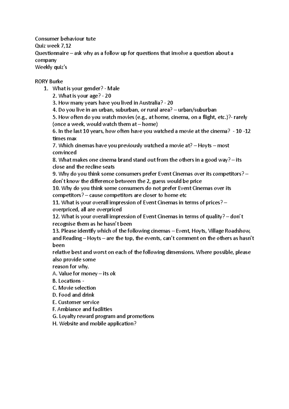 CB TUTE - TUTE NOTES - Consumer behaviour tute Quiz week 7 ...